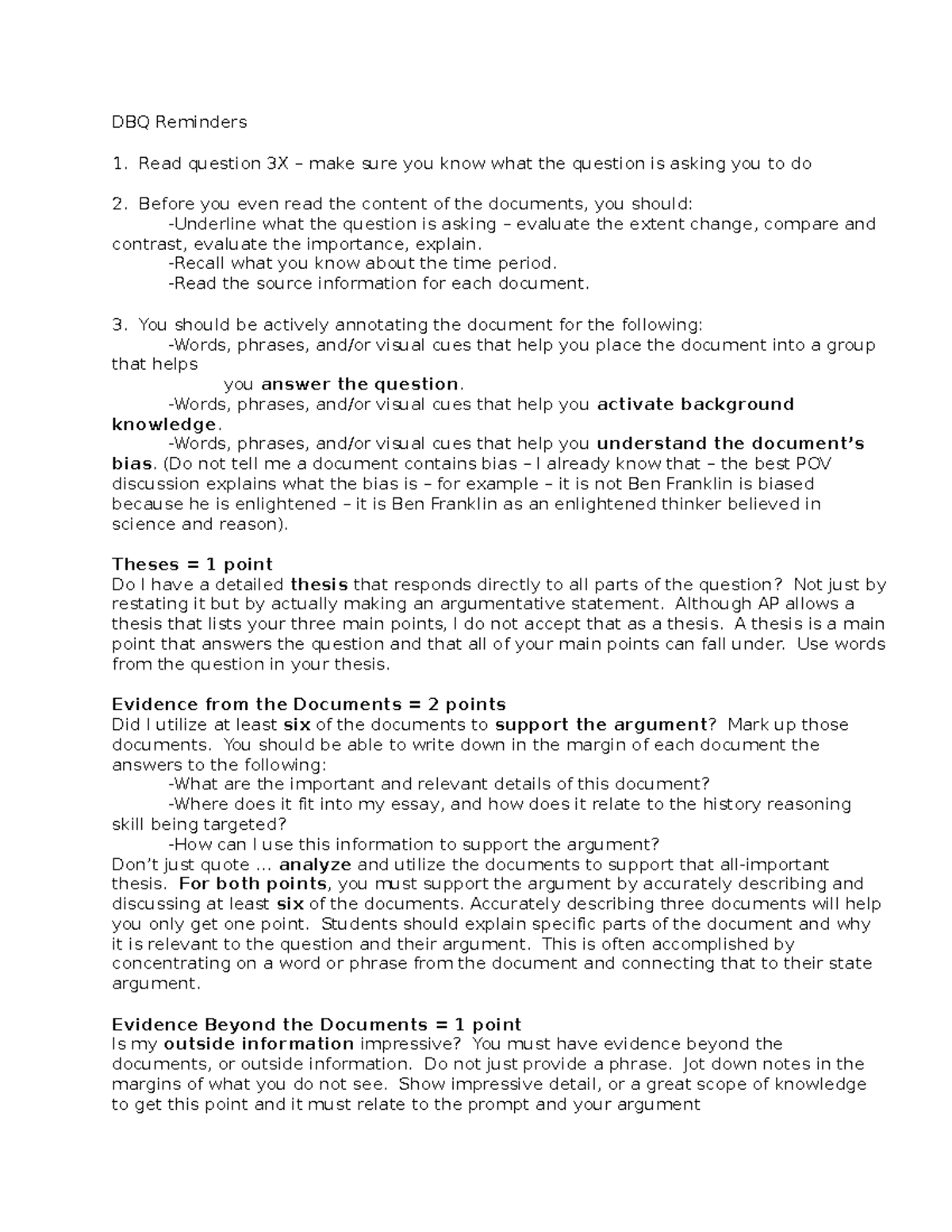 AP US History DBQ Handout - DBQ Reminders Read question 3X – make sure ...