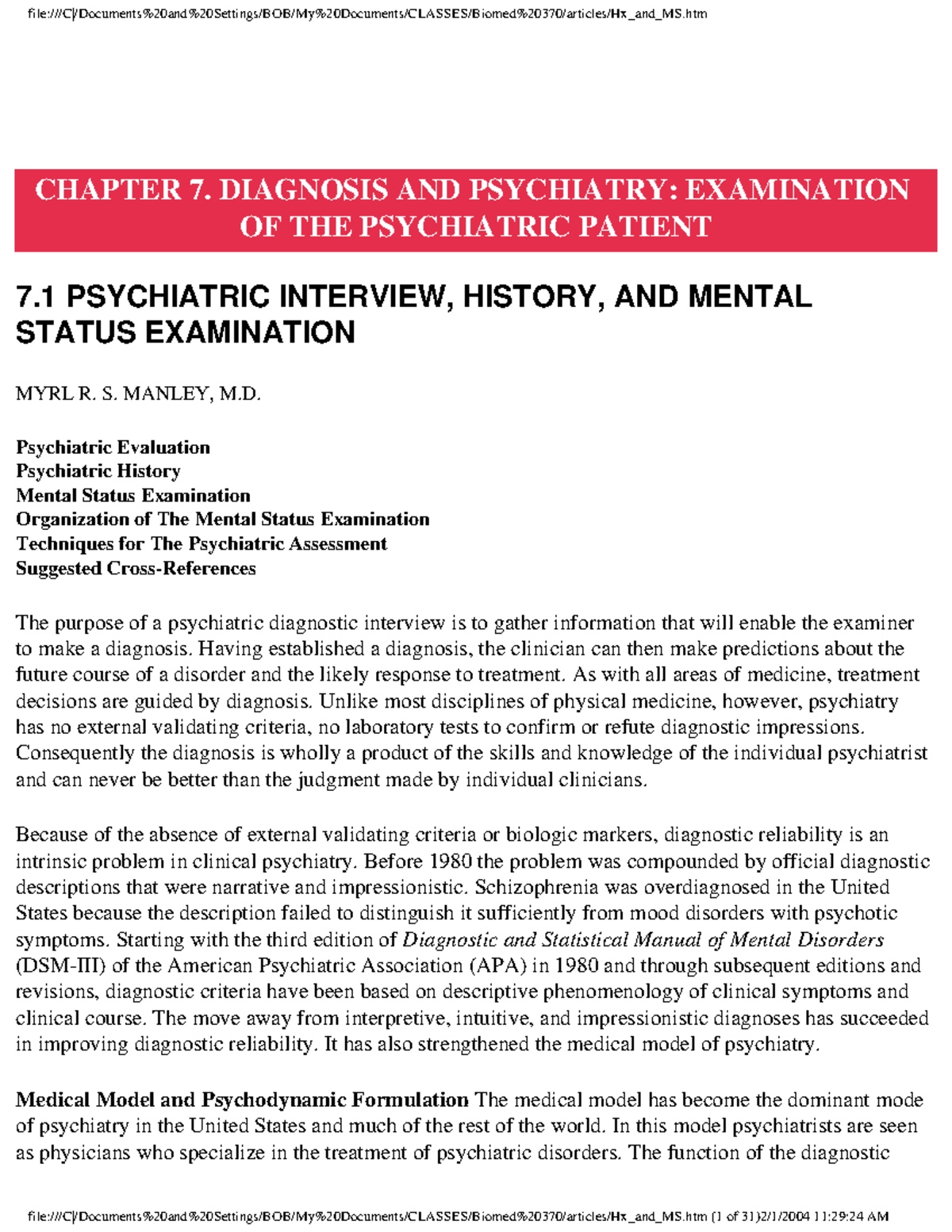 Hx and ms - Hshdvdkdn - 7 PSYCHIATRIC INTERVIEW, HISTORY, AND MENTAL ...