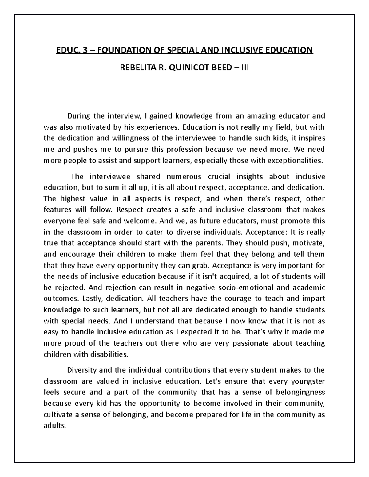 Summary of Lecture Notes - EDUC. 3 – FOUNDATION OF SPECIAL AND ...