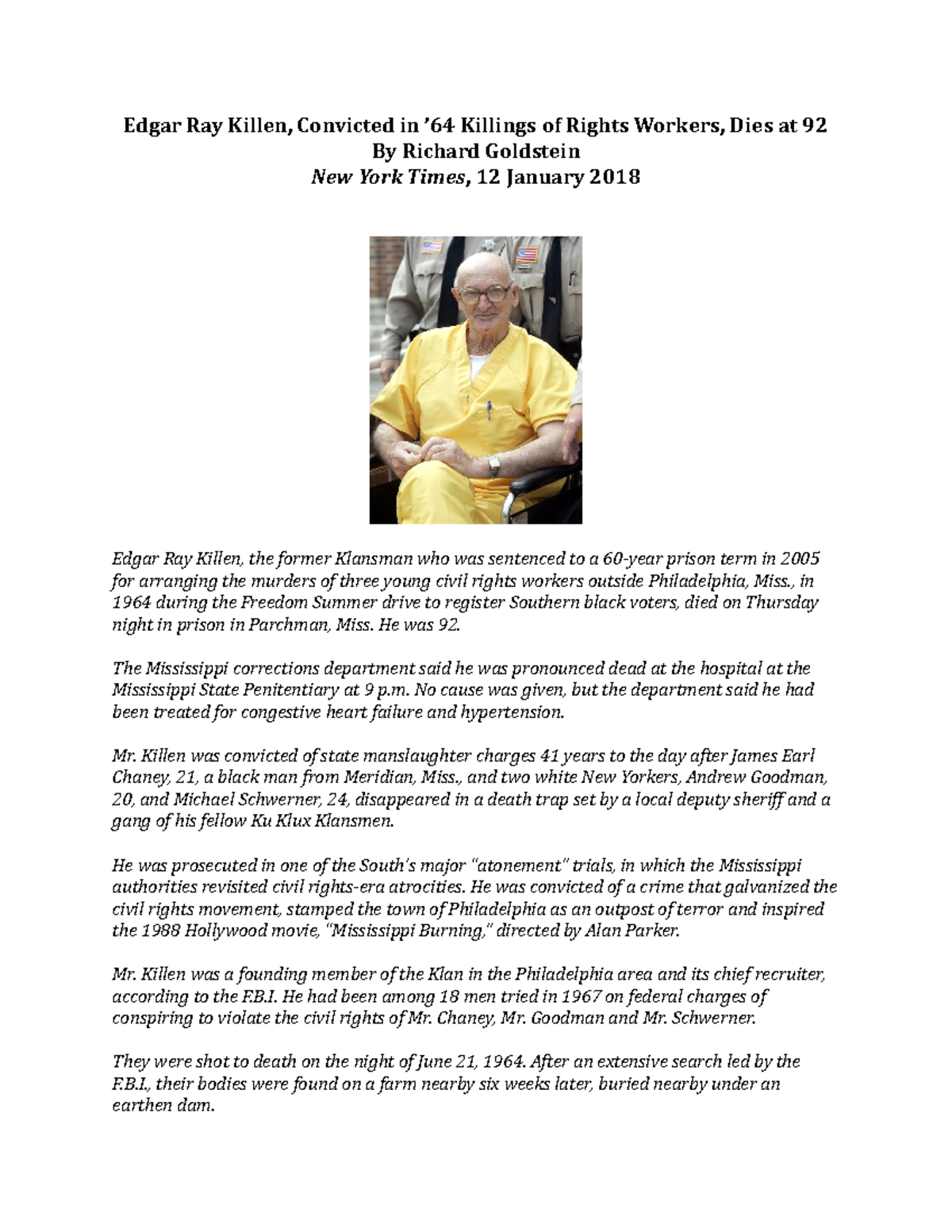 Edgar Ray Killen News Article - Civil Rights Discussion - Edgar Ray ...