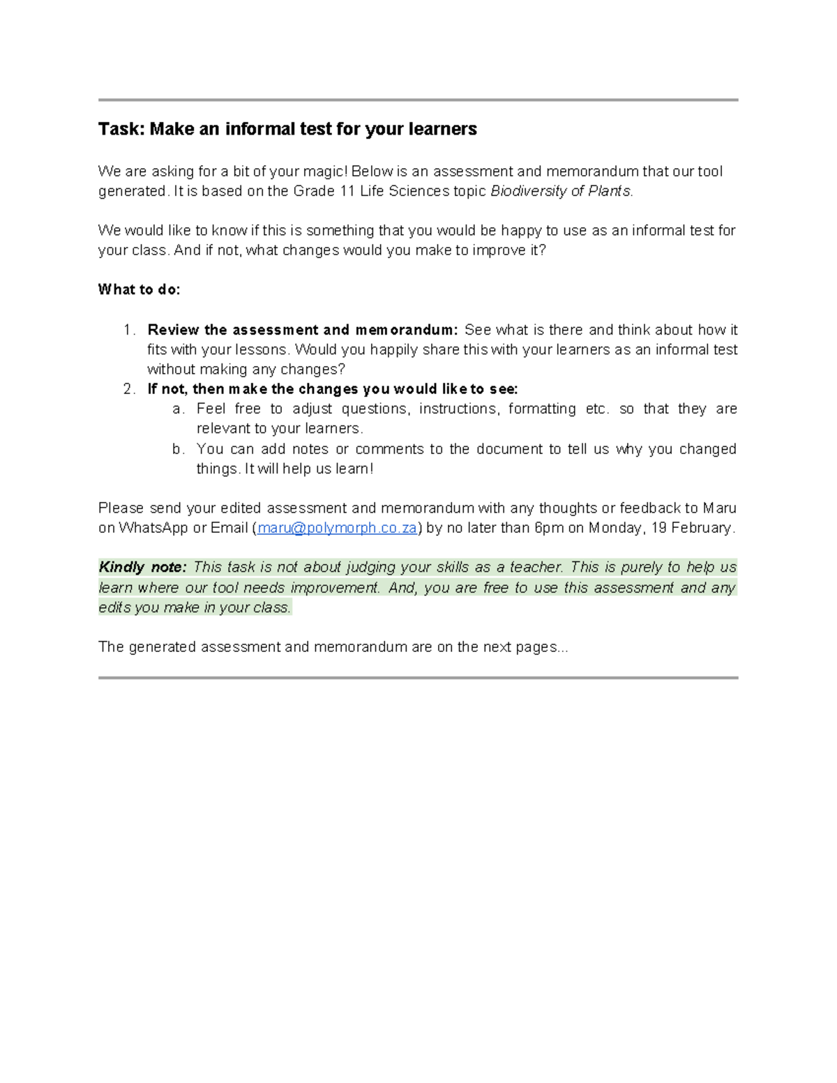 Task-Make an informal test with comment - Task: Make an informal test ...