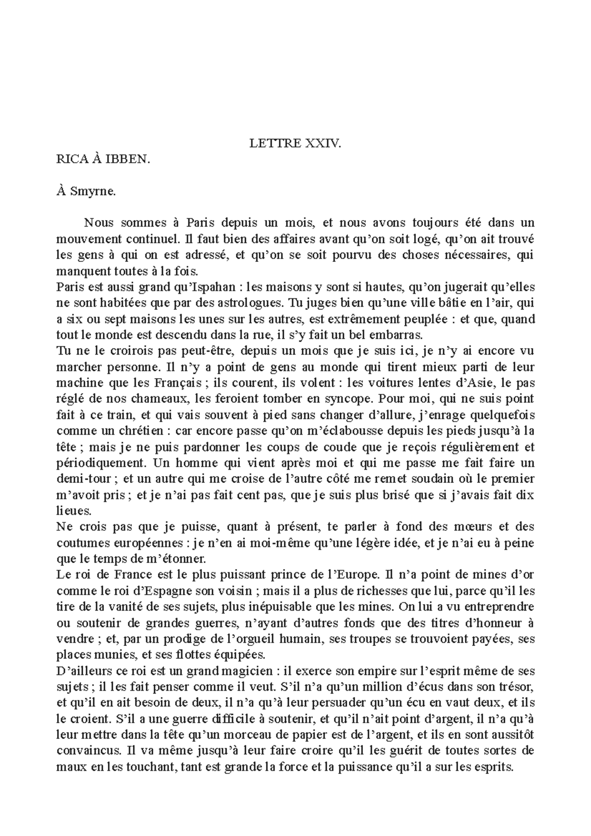 Montesquieu Letters persanes, 1721, lettre 24 - LETTRE XXIV. RICA À ...