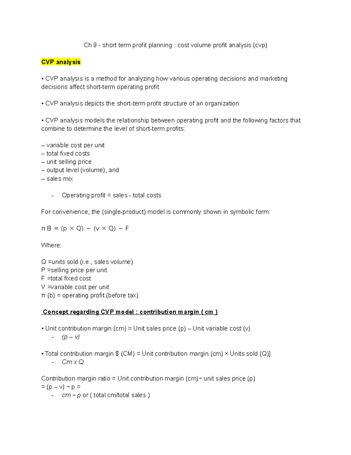 Ch 9 - summary - Ch 9 - short term profit planning : cost volume profit ...