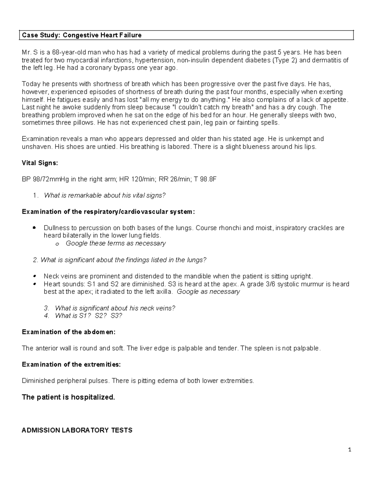 Case Study Heart Failure - Case Study: Congestive Heart Failure Mr. S ...
