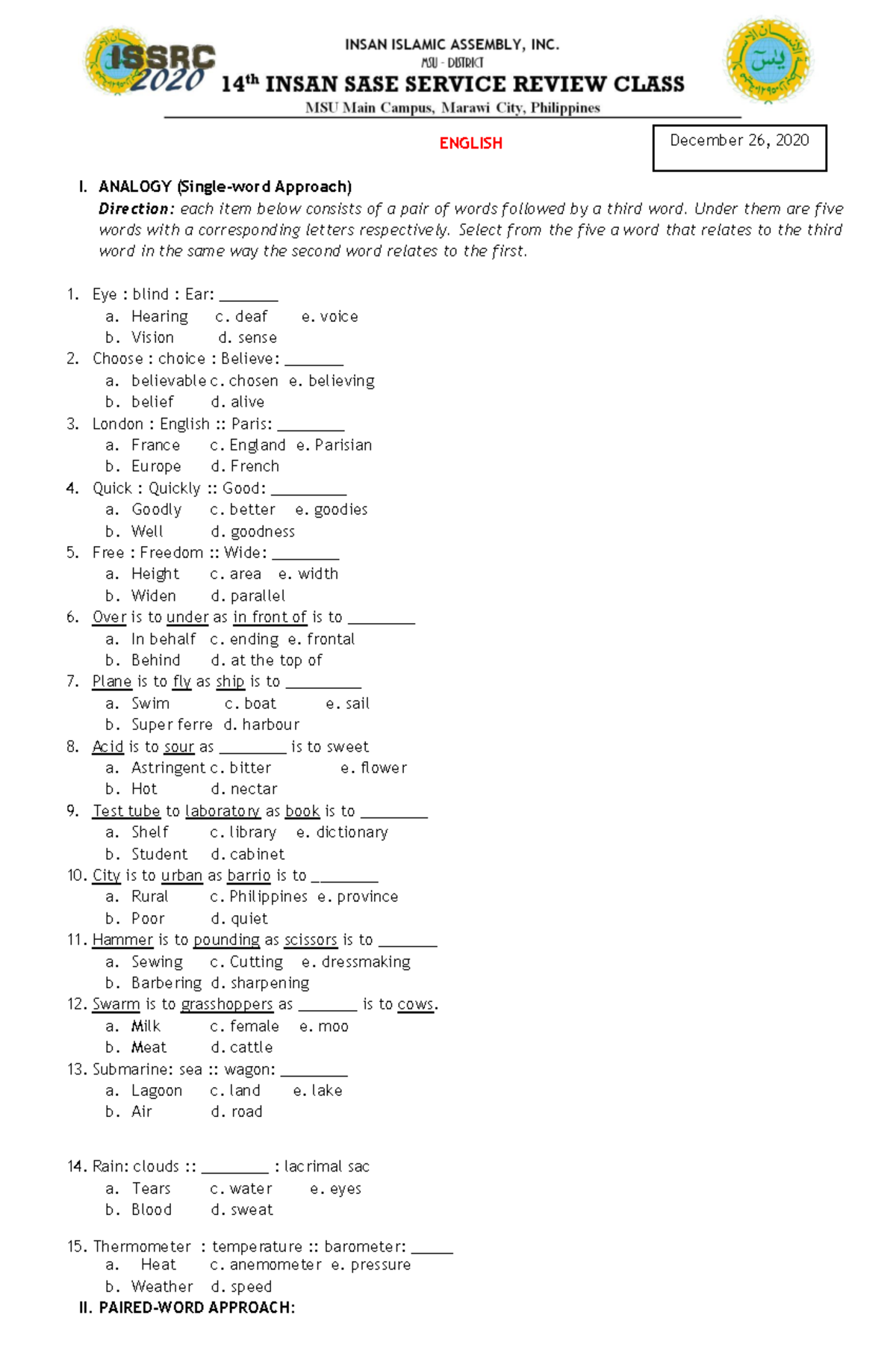 English-Day-3 - SASE ENGLISH REVIEWER - ENGLISH I. ANALOGY (Single-word ...