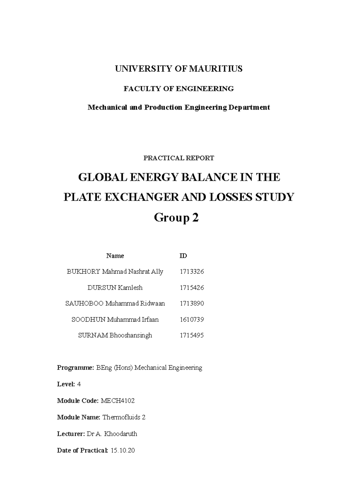 Heat Exchanger plate Practical Report - UNIVERSITY OF MAURITIUS FACULTY ...