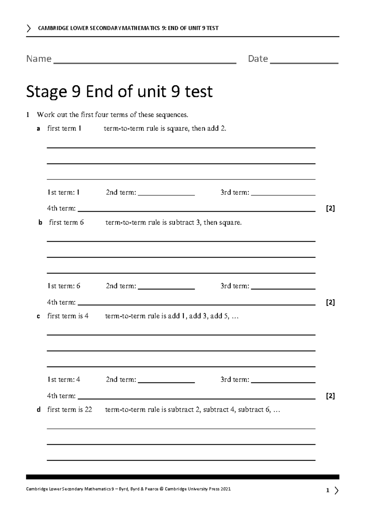 Unit 9 End-of-unit test - Name Date Stage 9 End of unit 9 test 1 Work ...