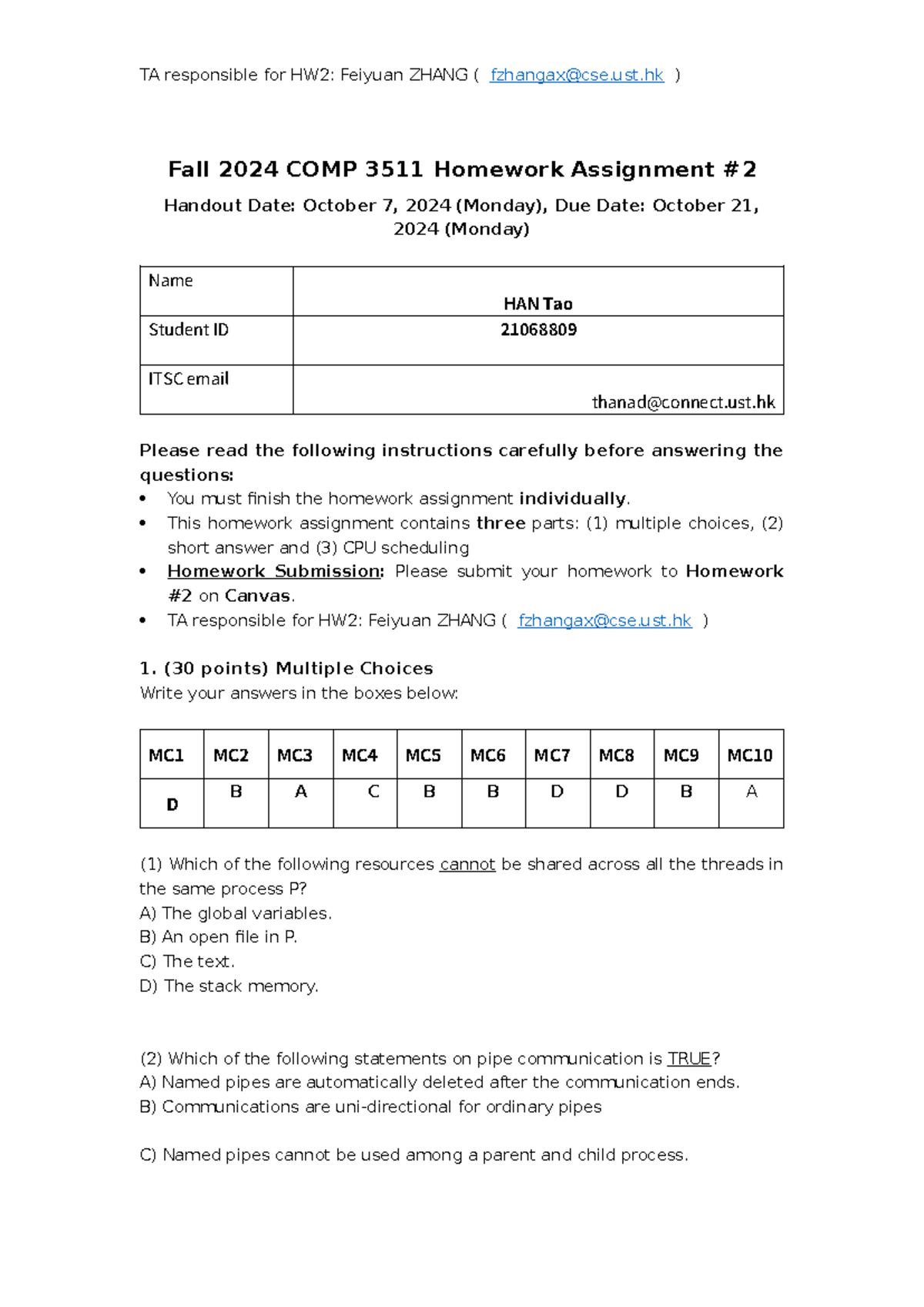 Comp3511 f2024 hw2 - assignment - Fall 2024 COMP 3511 Homework Assignment Handout Date: October ...