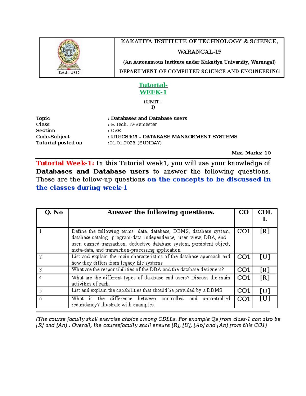 DBMS Tutorial 1 - KAKATIYA INSTITUTE OF TECHNOLOGY & SCIENCE, WARANGAL ...