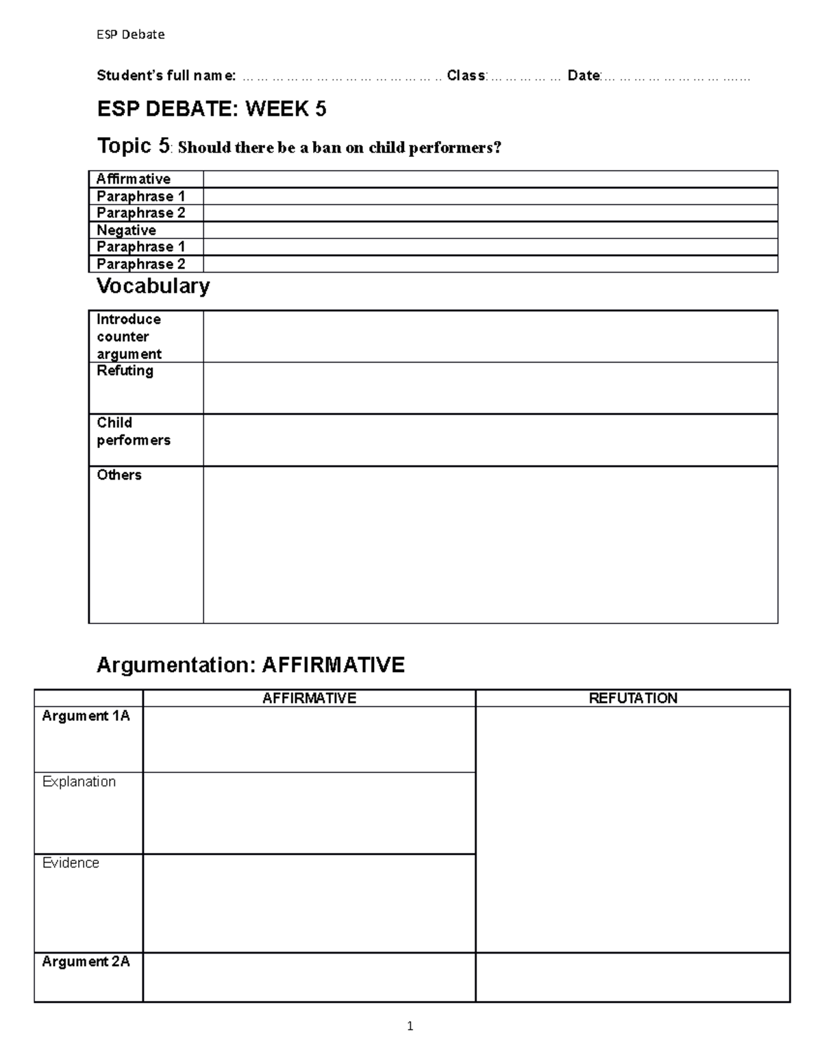 ESP Debate Week 5 - Child Performers - Student’s full name: - Studocu