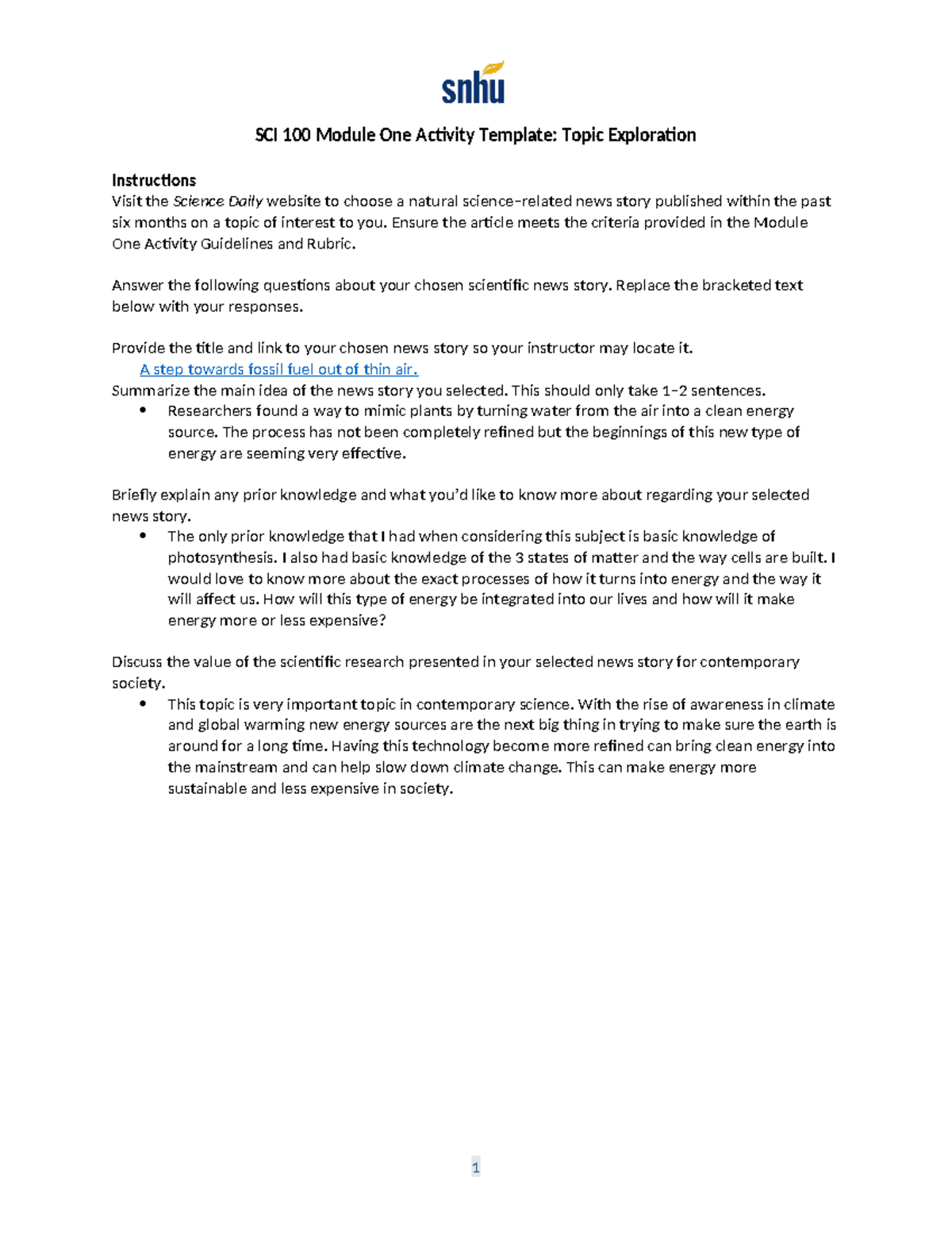 SCI 100 Module One Activity Template - Ensure the article meets the ...
