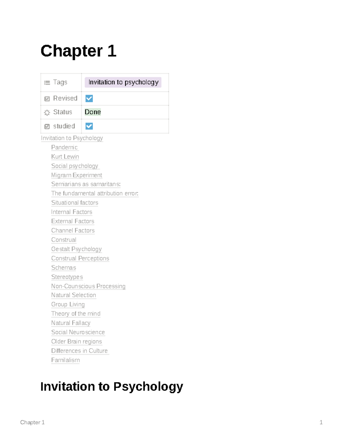 Psych Chapter 1 - Chapter 1 Tags Invitation to psychology Revised Status Done studied Invitation ...