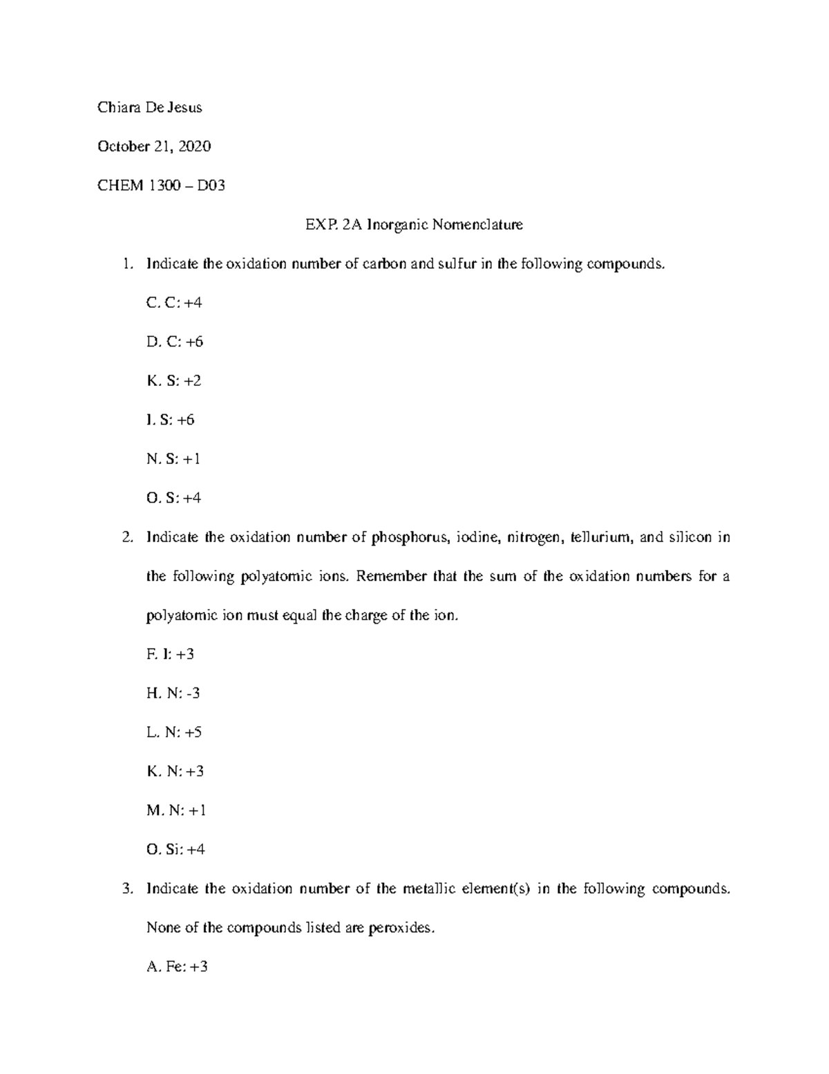 DRY LAB 2A - Inorganic Nomenclature I. Oxidation Numbers - Chiara De ...