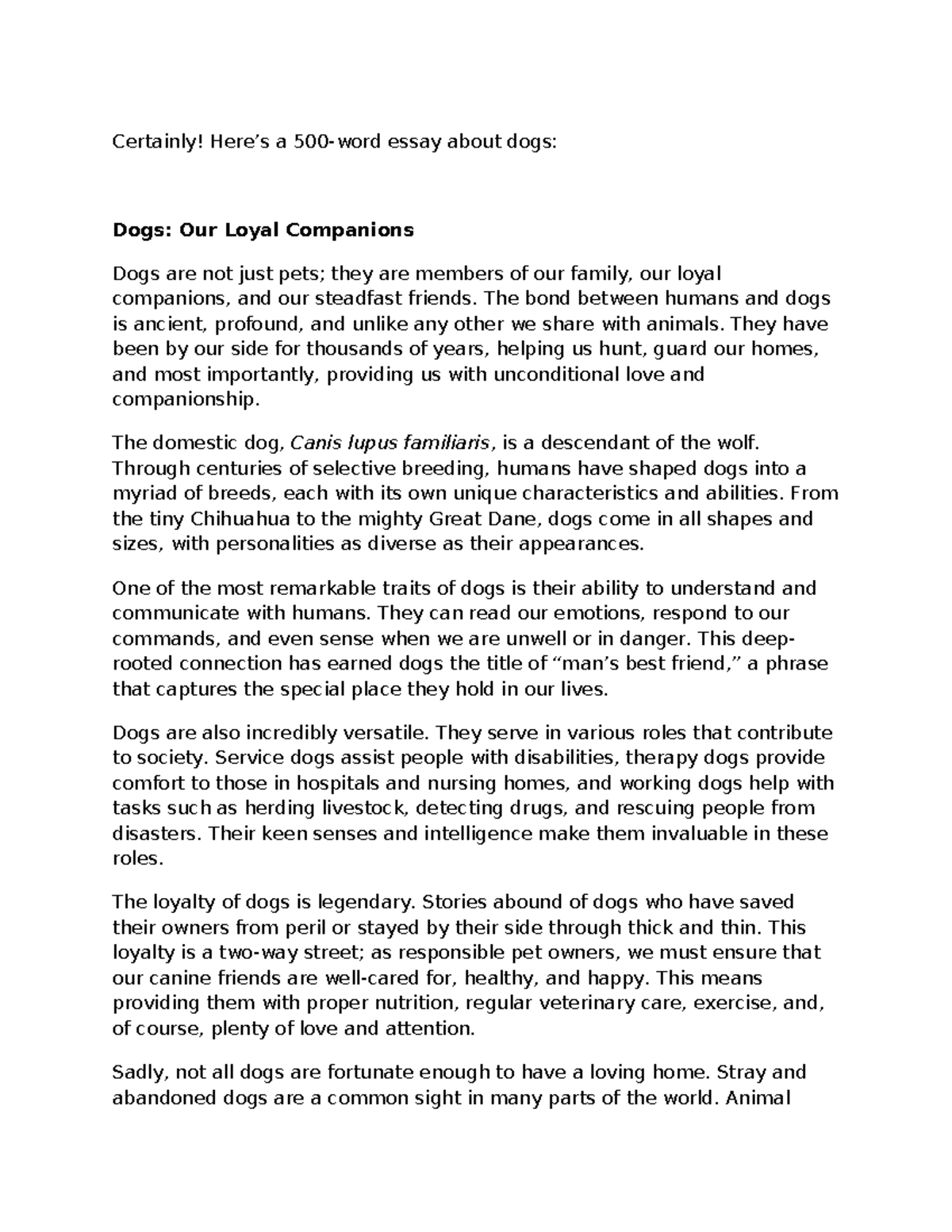 Document 4 - Certainly! Here’s a 500-word essay about dogs: Dogs: Our ...