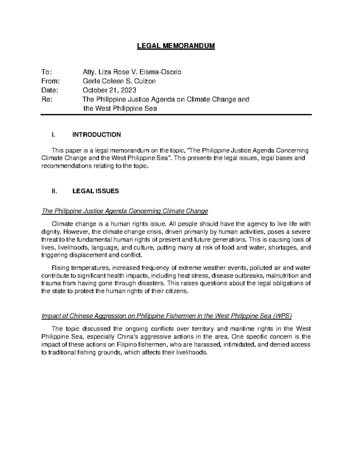 Cuizon-M6 Legal Memorandum - LEGAL MEMORANDUM To: Atty. Liza Rose V ...