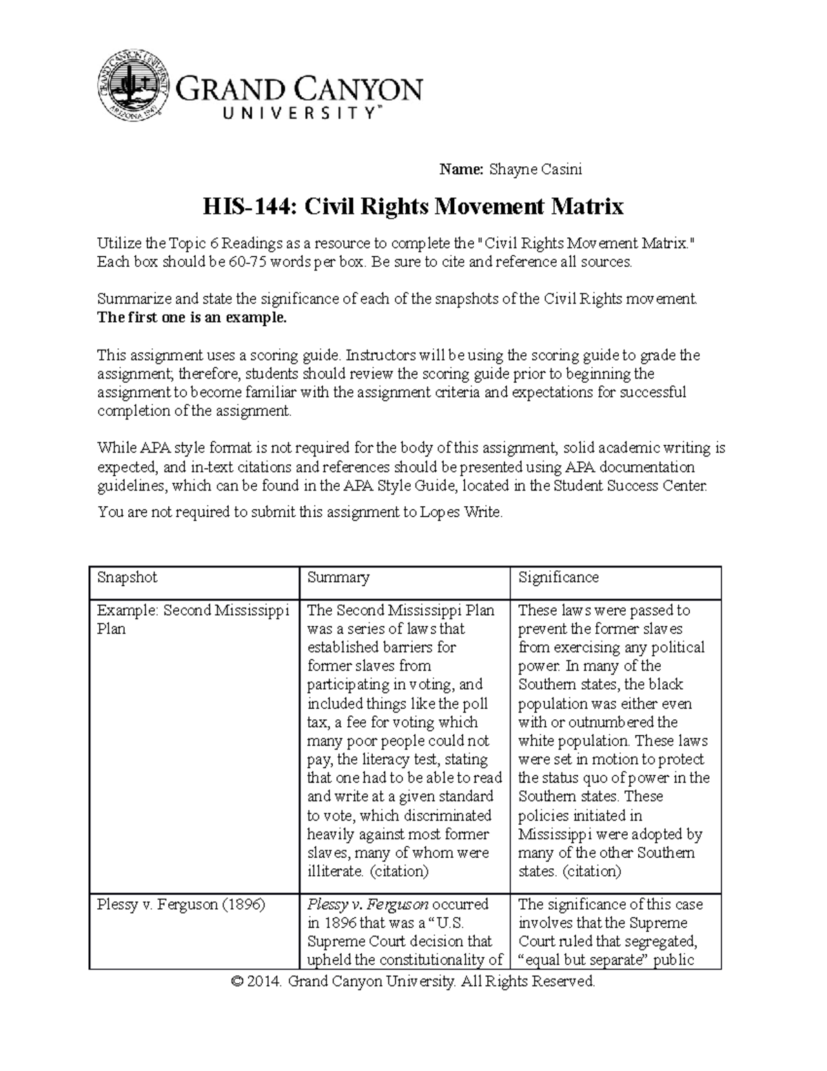 HIS-144 Civil Rights Movement Matrix - Name: Shayne Casini HIS-144 ...