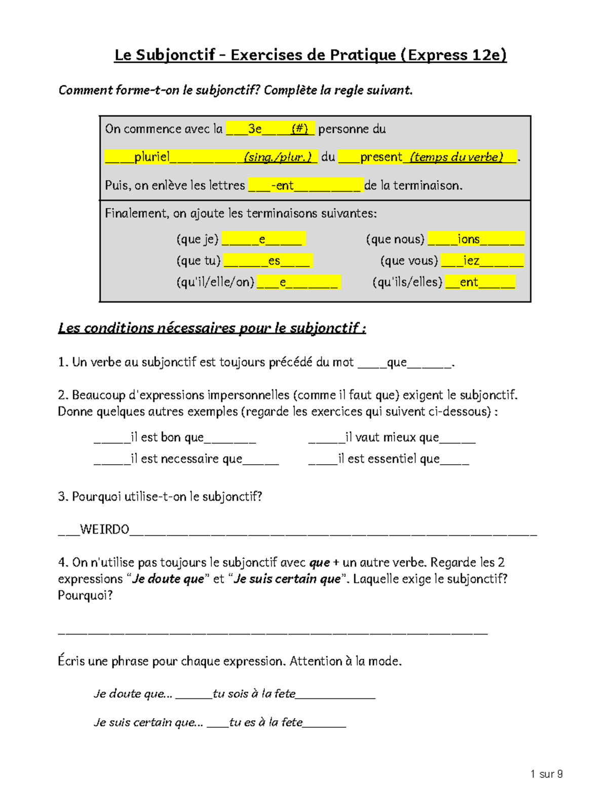 Le Subjonctif - Exercises de Pratique - On commence avec la 3e ...