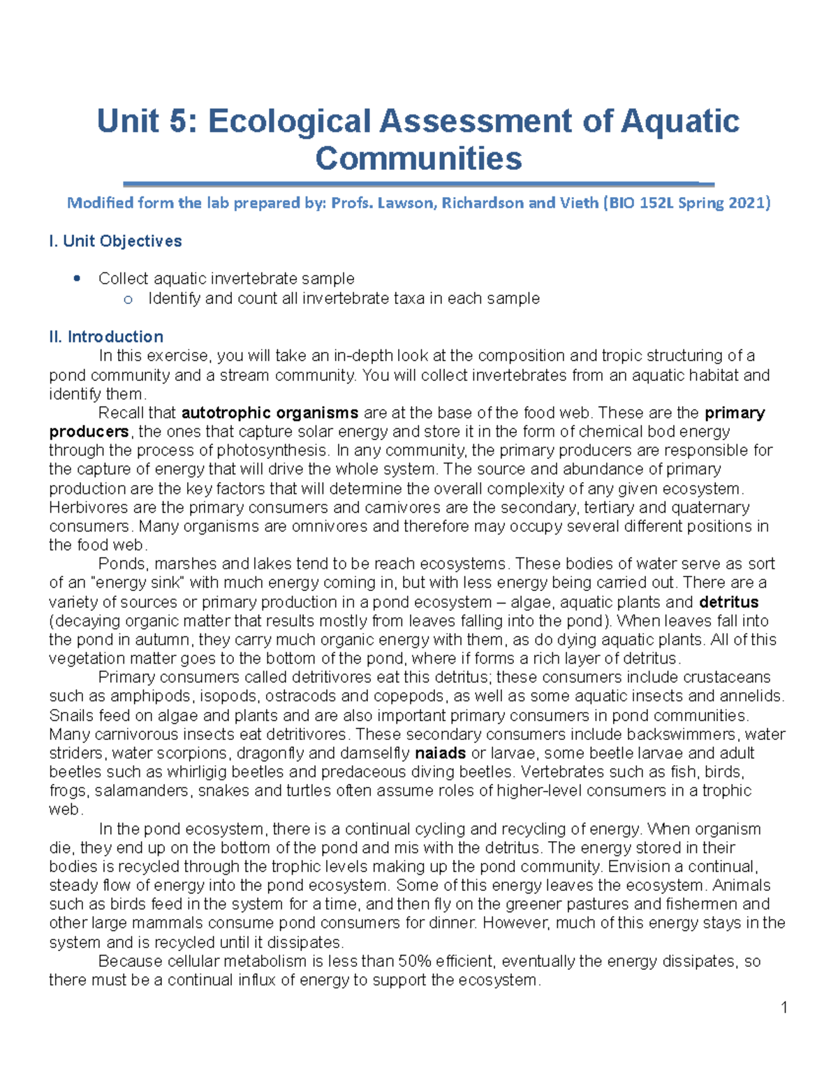 Unit 6- Water Ecology - Unit 5: Ecological Assessment of Aquatic ...