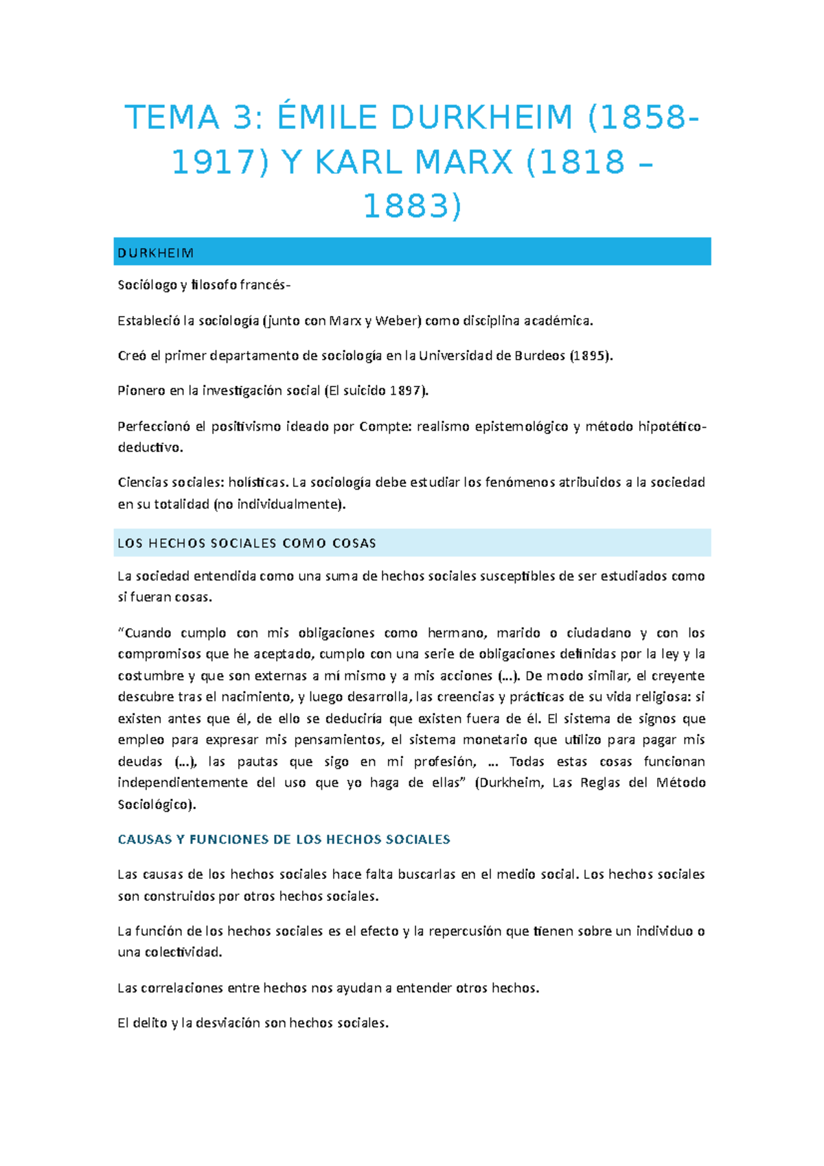 Tema 3 - apunts tema 3 - TEMA 3: ÉMILE DURKHEIM (1858- 1917) Y KARL MARX (1818 – 1883) DURKHEIM ...
