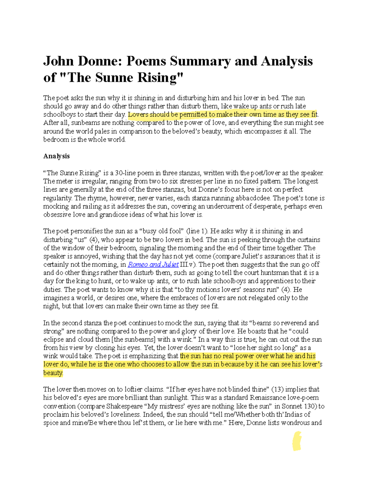 The Sunne Rising analysis - John Donne: Poems Summary and Analysis of ...