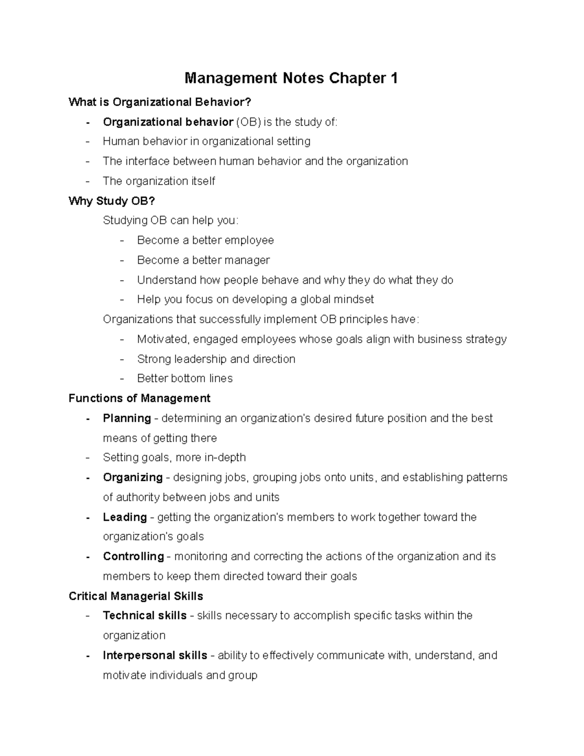 Managment Notes Chapter 1 - Studocu