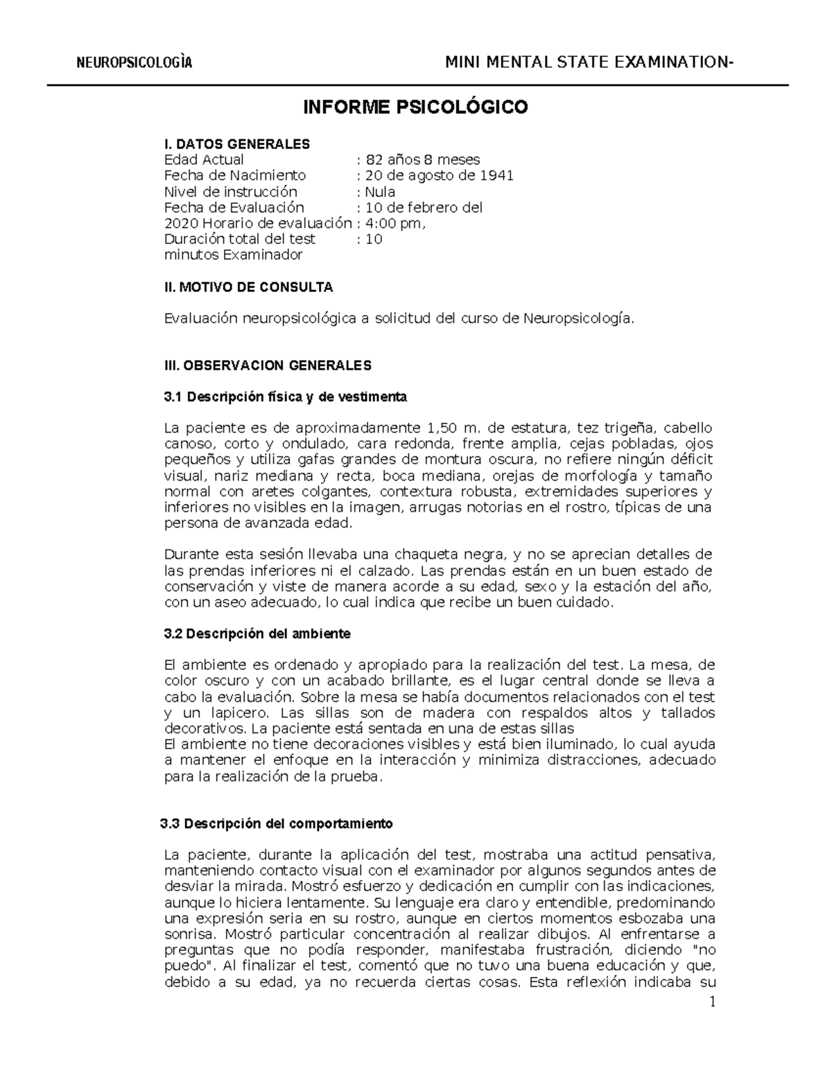 TEST-DEL- Minimental - Para neuro - MMSE INFORME PSICOLÓGICO I. DATOS ...