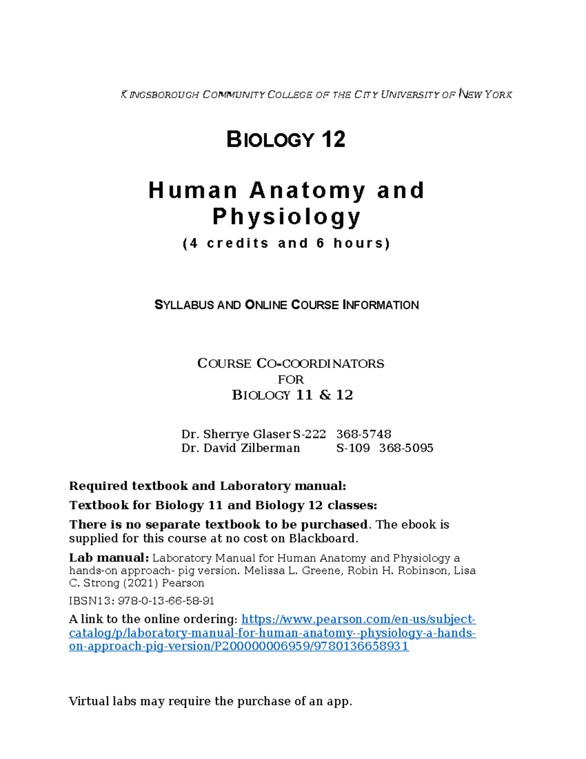 Bio12 Syllabus - work - KINGSBOROUGH COMMUNITY COLLEGE OF THE CITY UNIVERSITY OF NEW YORK ...