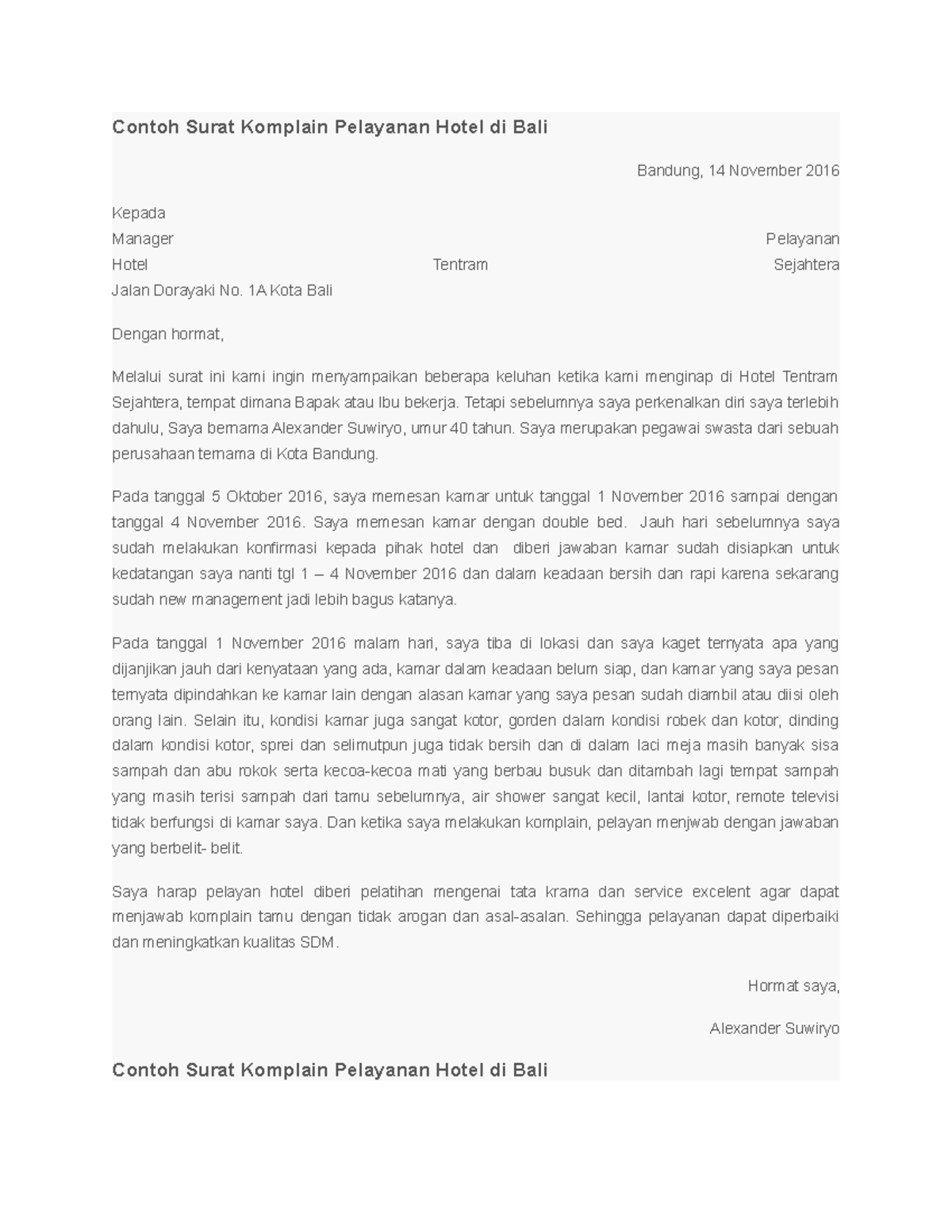 Contoh Surat Komplain Pelayanan Hotel di Bali - 1A Kota Bali Dengan ...