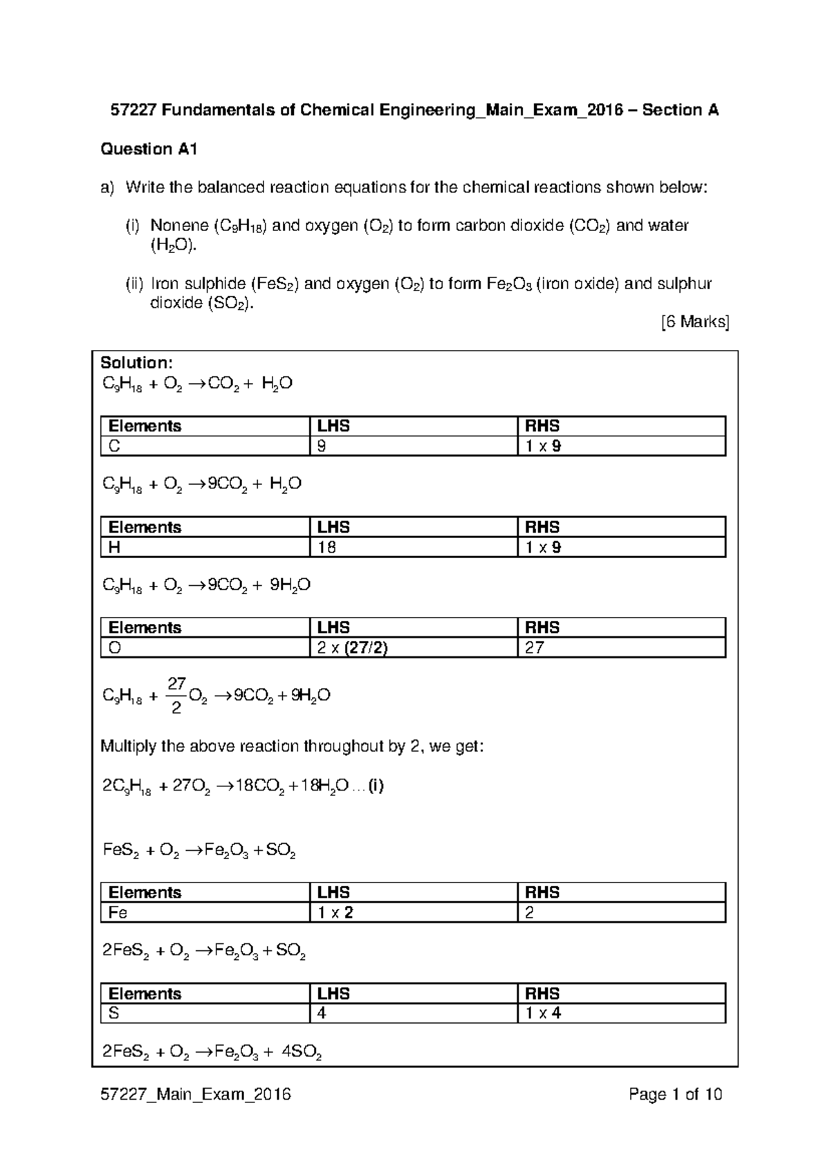 Exam 1 January 2016, answers - 57227 Fundamentals of Chemical ...