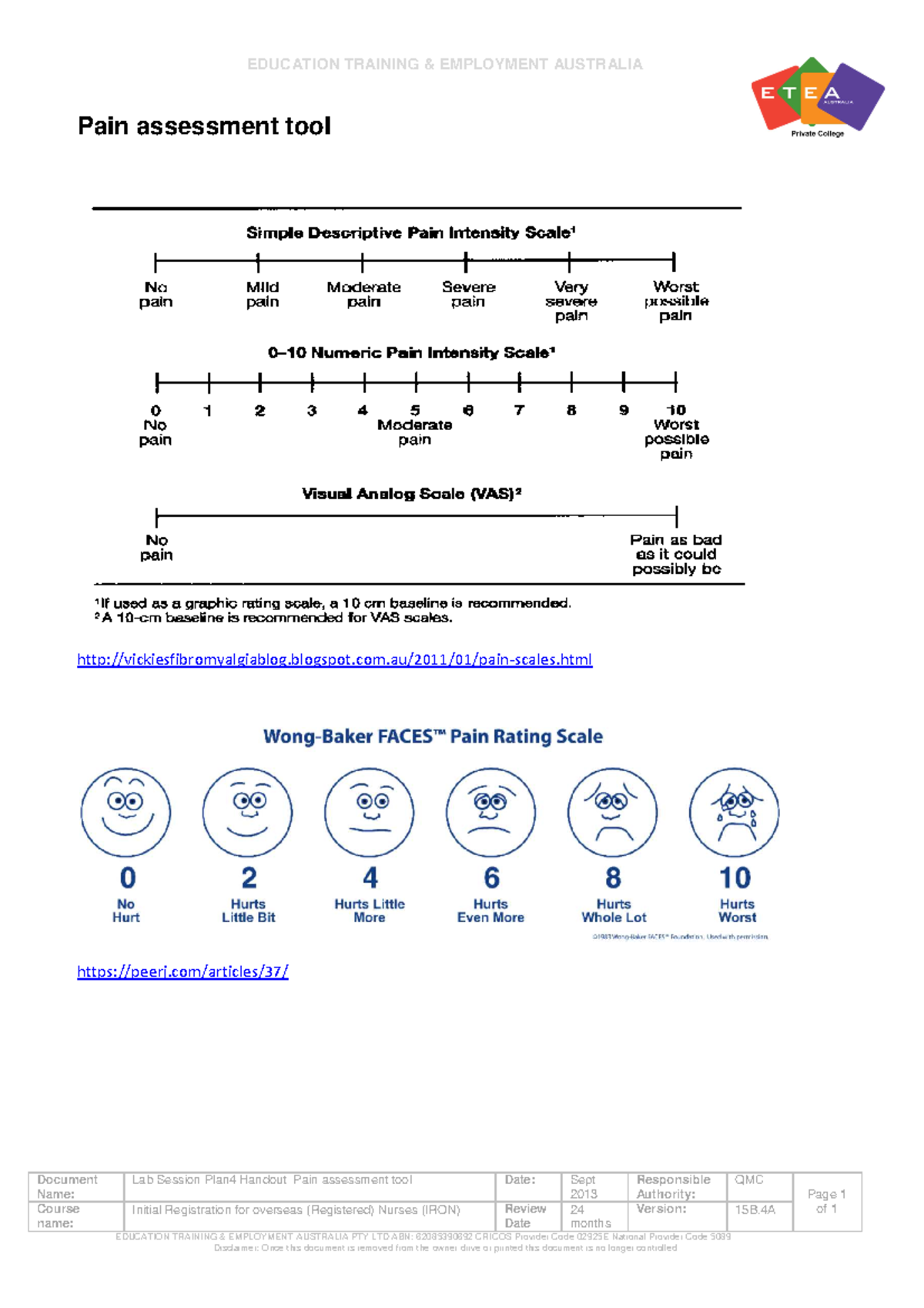4.2 Pain Assessment Tool - EDUCATION TRAINING & EMPLOYMENT AUSTRALIA ...