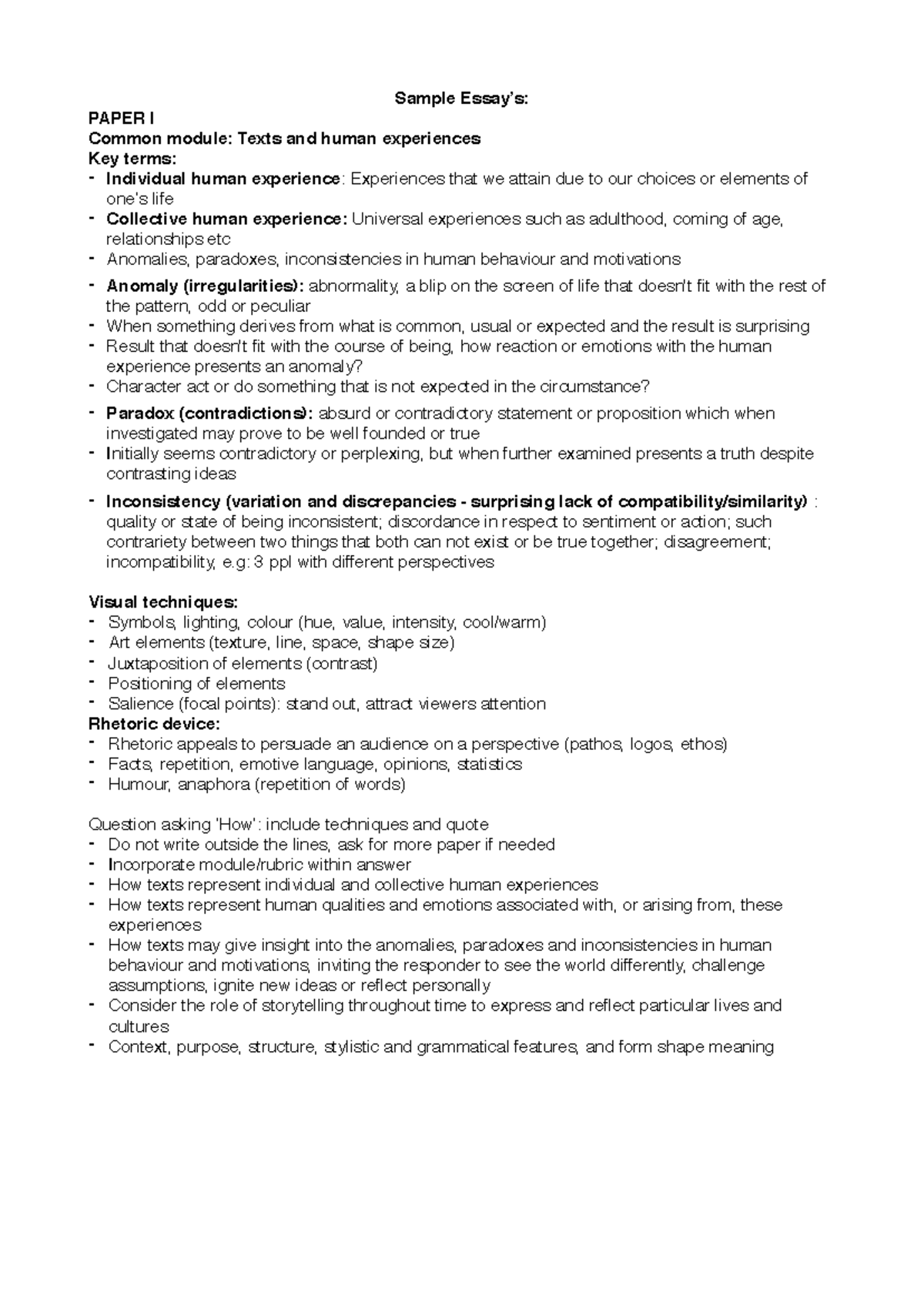 Common Module - Texts and the human experience - Sample Essay’s: PAPER ...