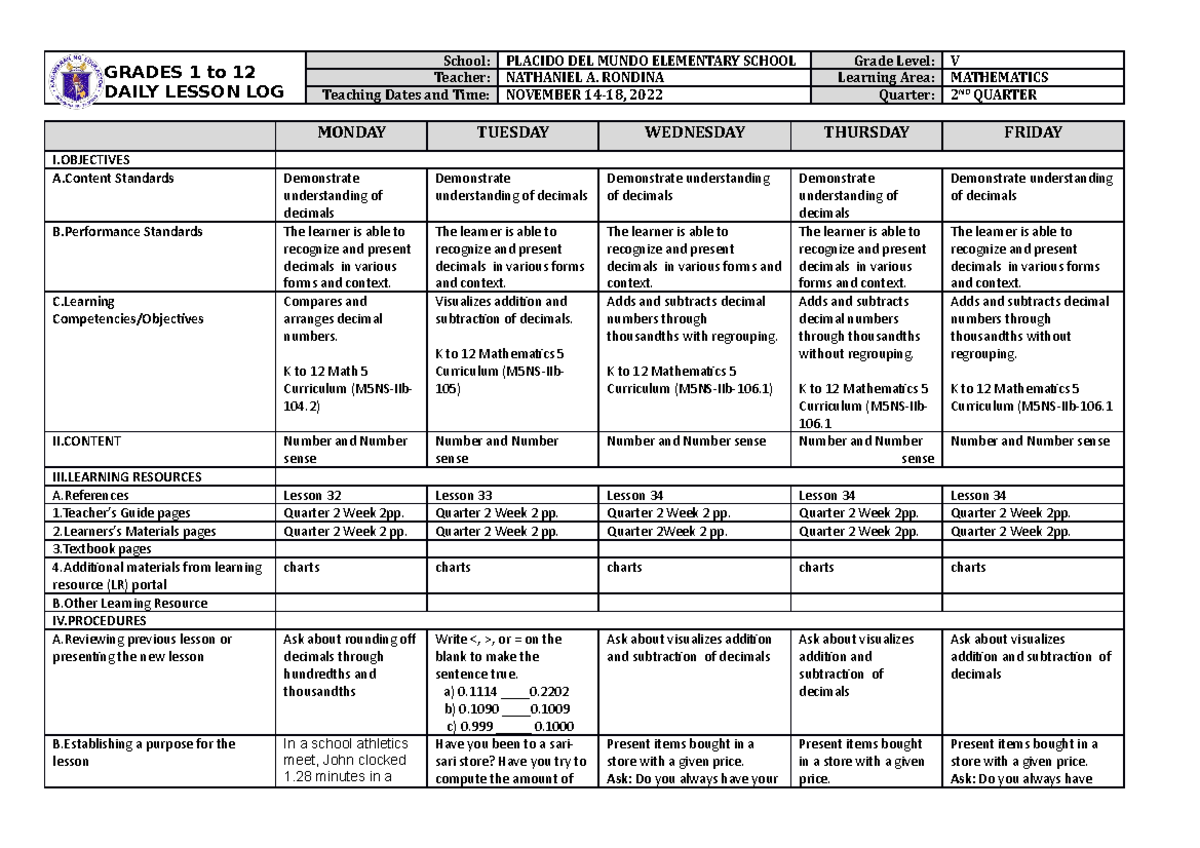 Math-DLL Week 2 2nd Q - none - GRADES 1 to 12 DAILY LESSON LOG School ...