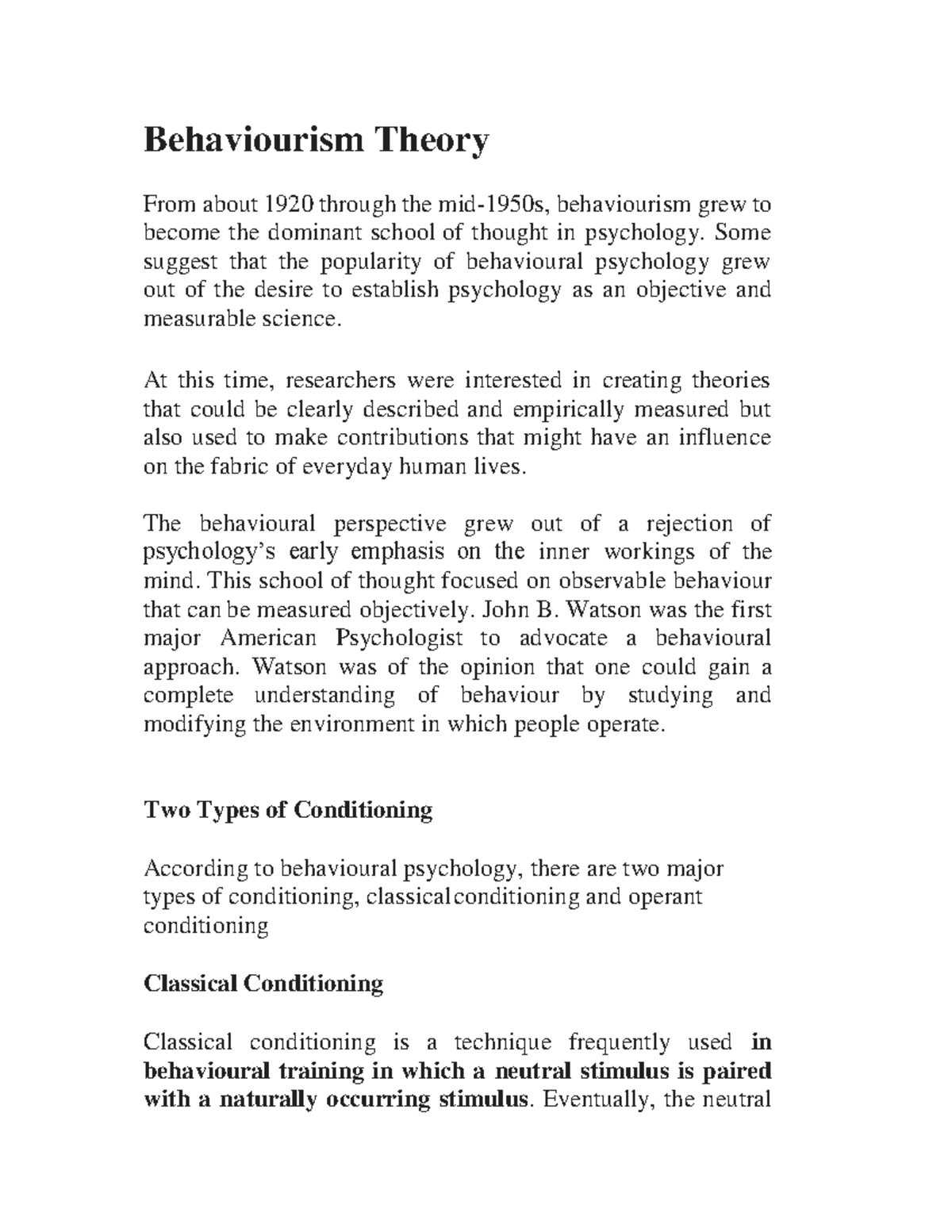Behaviourism Theory - Behaviourism Theory From about 1920 through the ...
