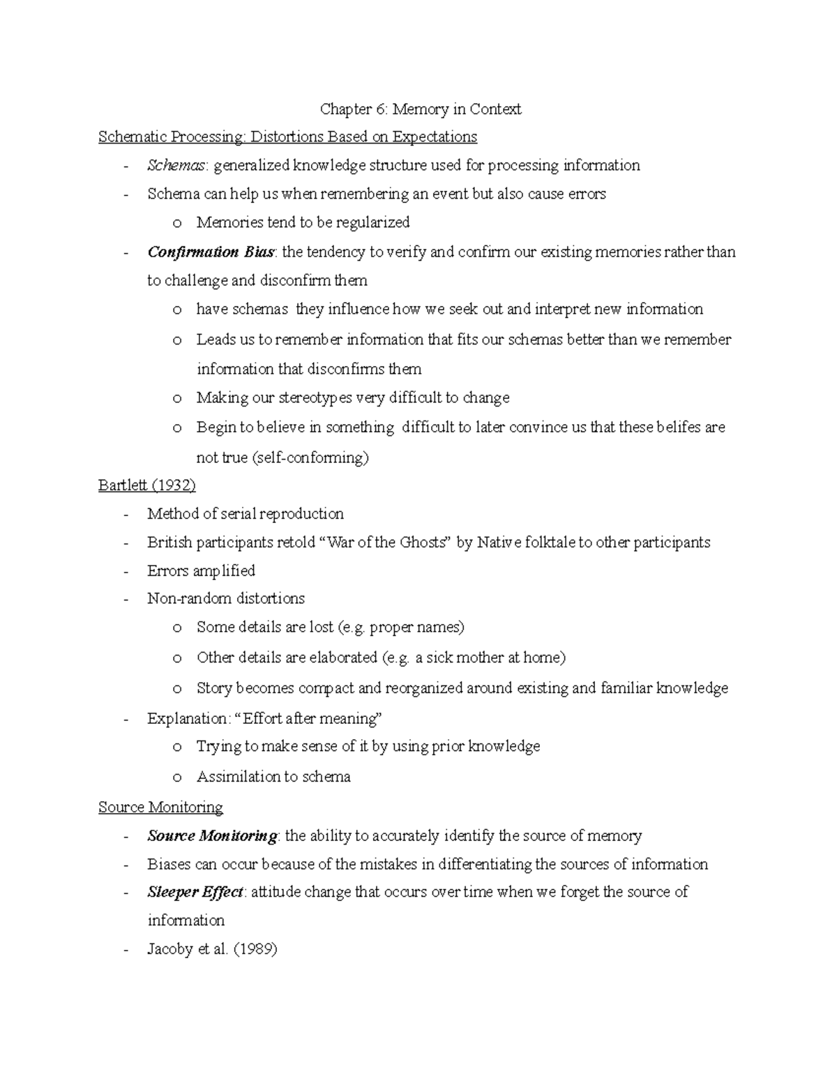 Chapter 6-Memory in Context - Chapter 6: Memory in Context Schematic Processing: Distortions ...
