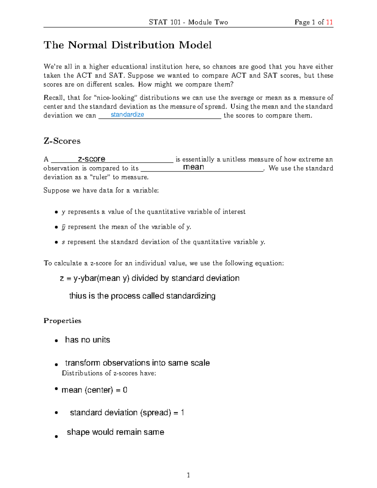 Lecture 11 Notes - The Normal Model - The Normal Distribution Model We ...