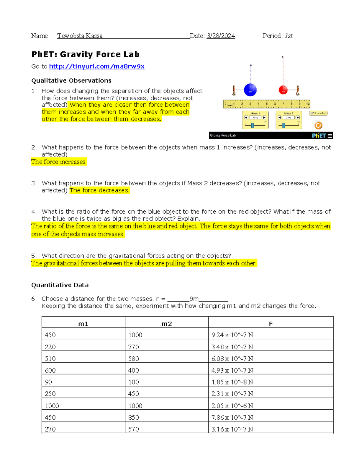 Copy of Gravity Force Lab - Name: Tewobsta Kassa Date: 3/28/2024 Period ...