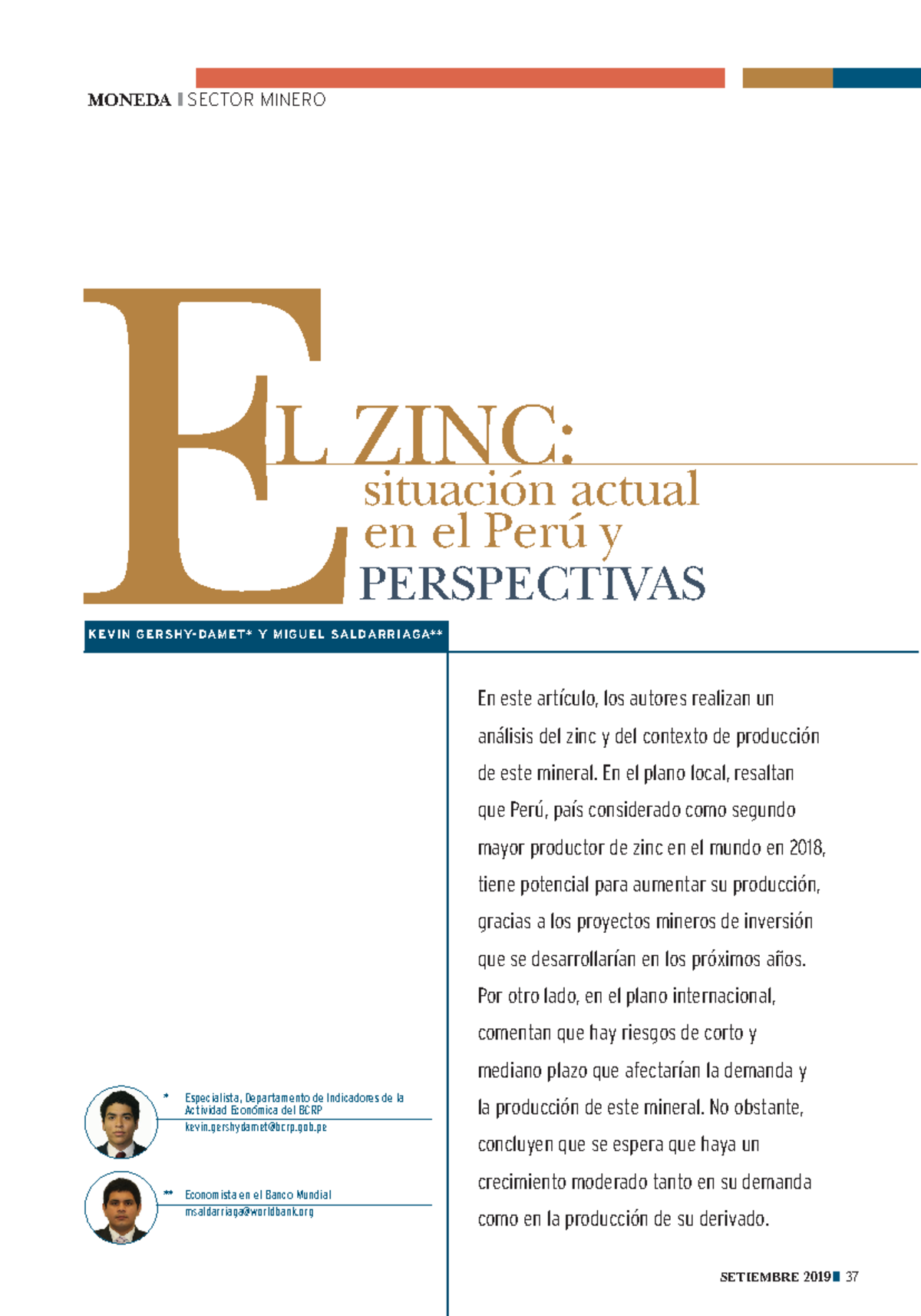 Artículo del Zinc - 2018 - ####### SETIEMBRE 2019 37 En este artículo, los autores realizan un ...