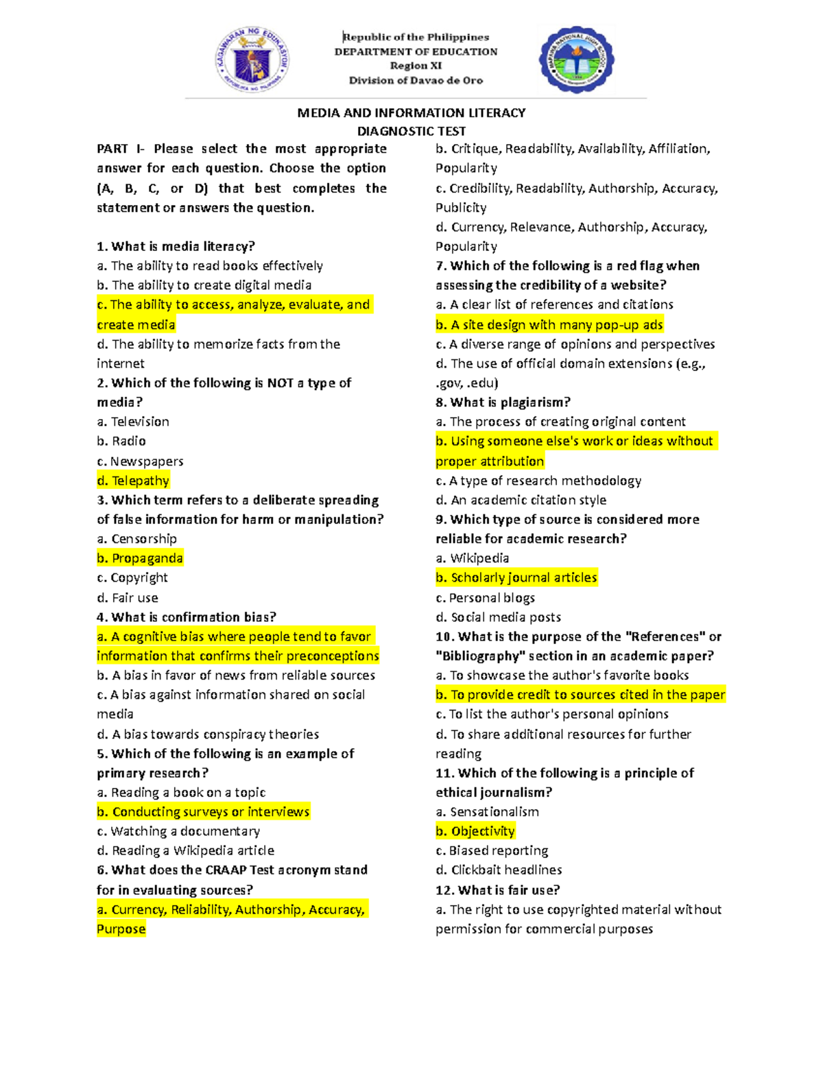 Media and Information Literacy Diagnostic Test AK - MEDIA AND ...