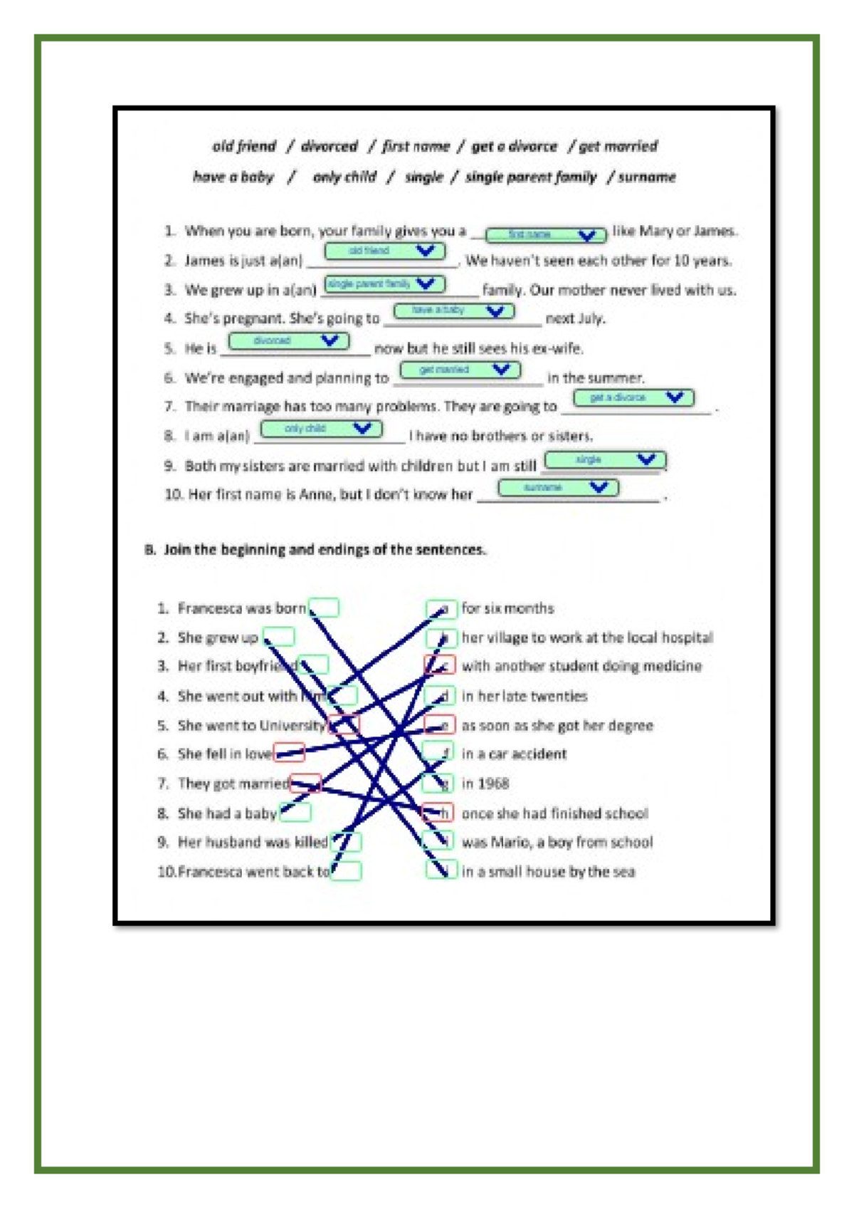 Activity 2- Vocabulary Relationships AND Marital Status Other Family ...