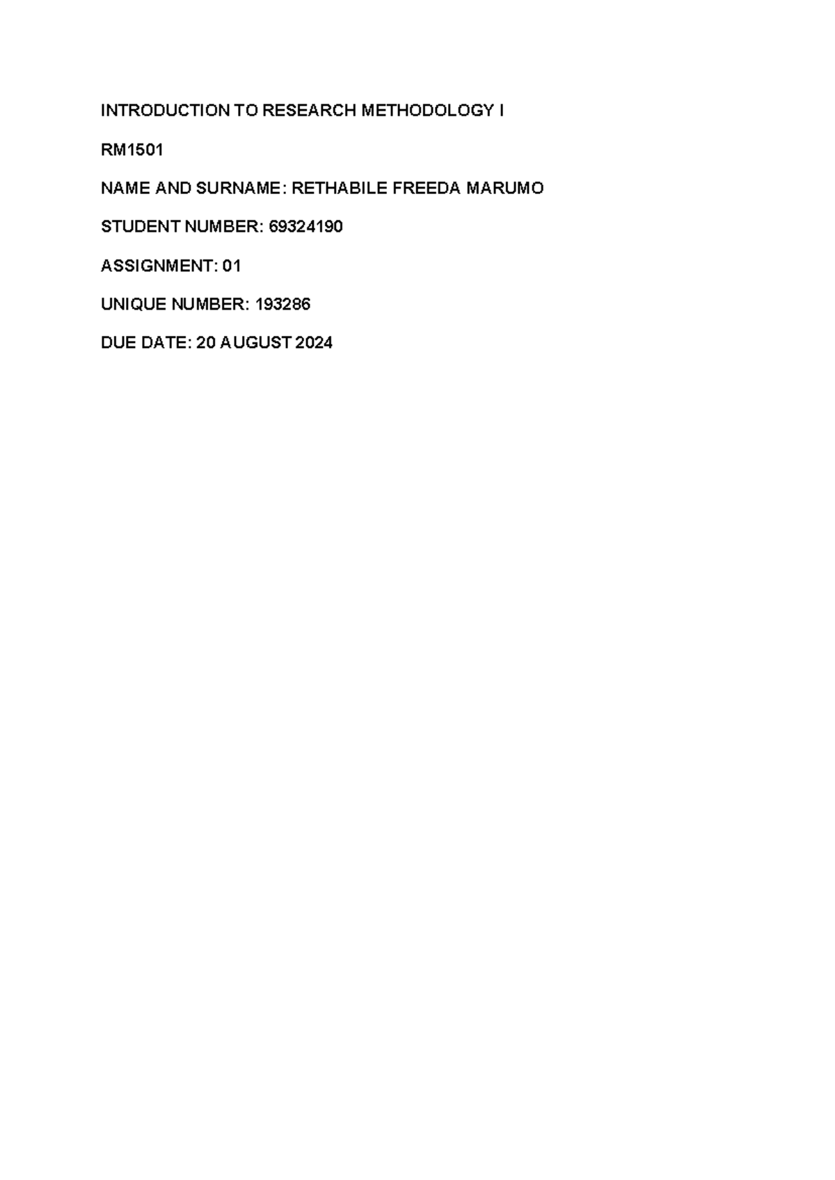 IRM1501 Assignment 01 - INTRODUCTION TO RESEARCH METHODOLOGY I RM NAME ...