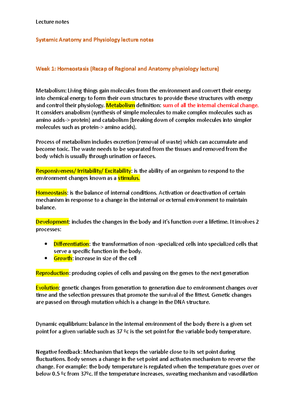 Stu Docu Lecture Notes Lecture Notes Systemic Anatomy And Physiology Lecture Notes Week 1