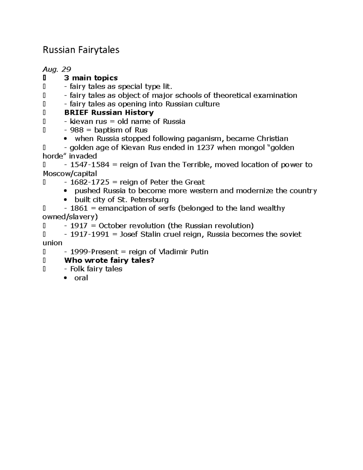 Russian Fairytales Notes - Russian Fairytales Aug. 29 3 main topics ...
