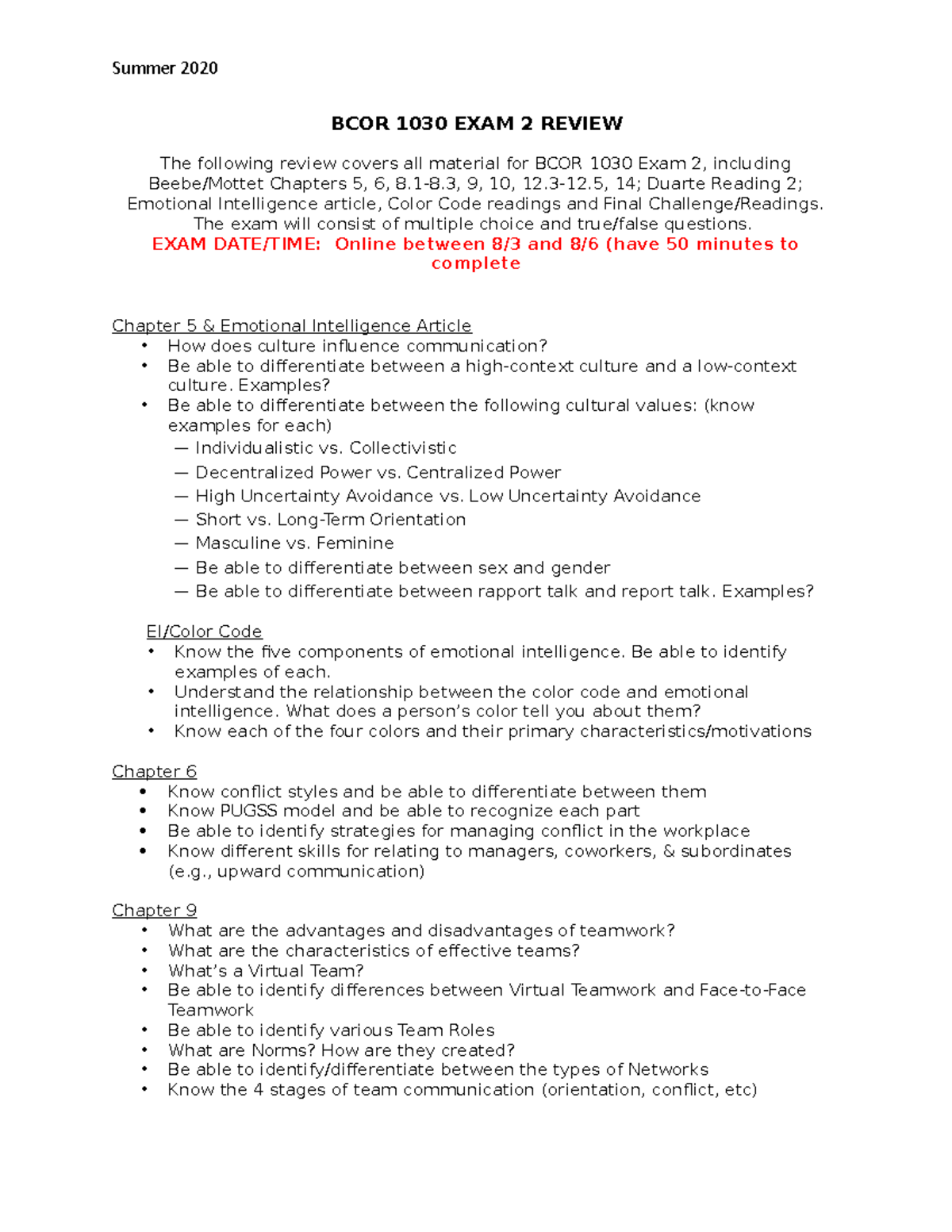 BCOR 1030 EXAM 2 REV - Summer 2020 BCOR 1030 EXAM 2 REVIEW The ...
