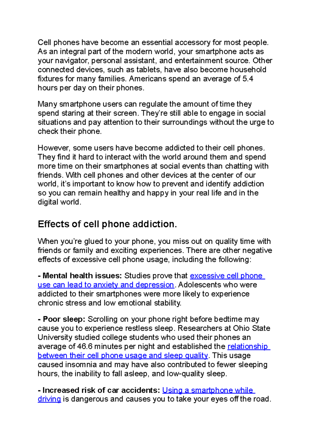 Cell phones Addiction - summary of files - Cell phones have become an ...