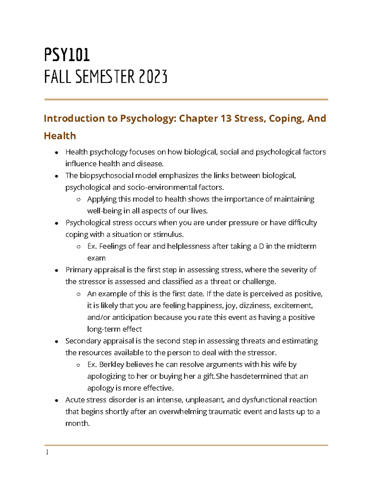 Introduction to Psychology Chapter 13 Stress, Coping, And Health ( Downloaded) - PSY FALL SEMTER ...