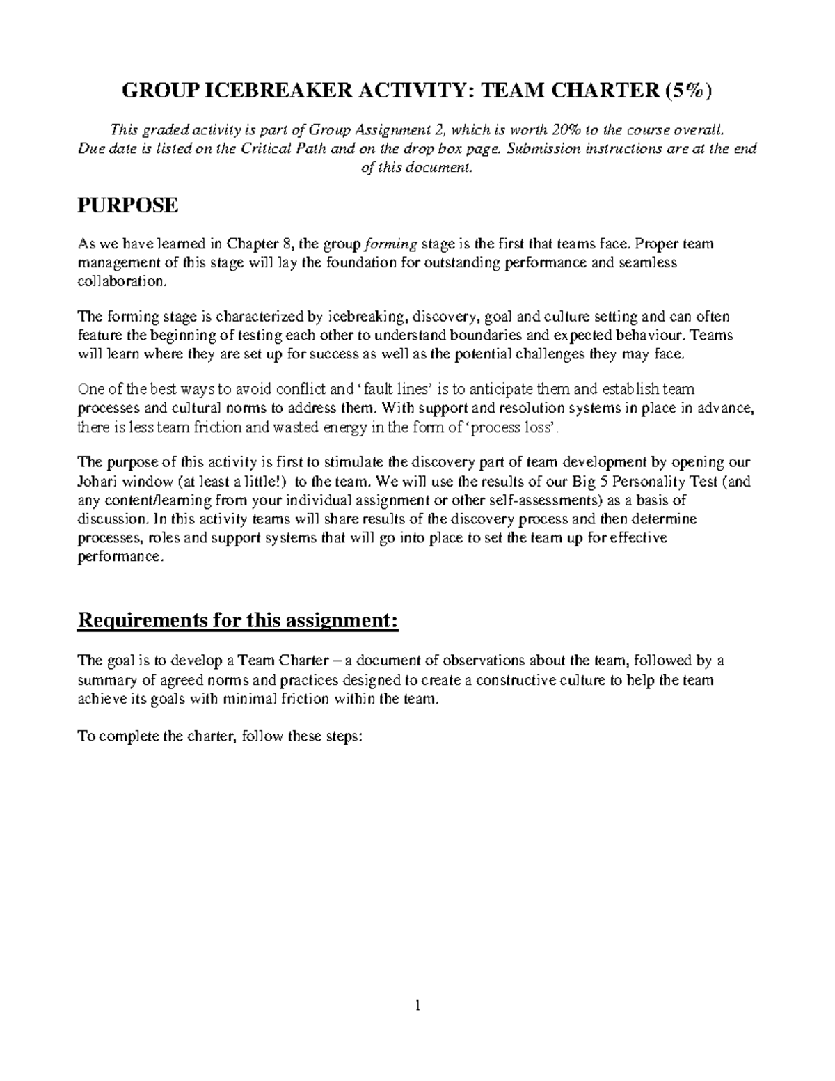 Team Charter Instructions S24 - GROUP ICEBREAKER ACTIVITY: TEAM CHARTER ...