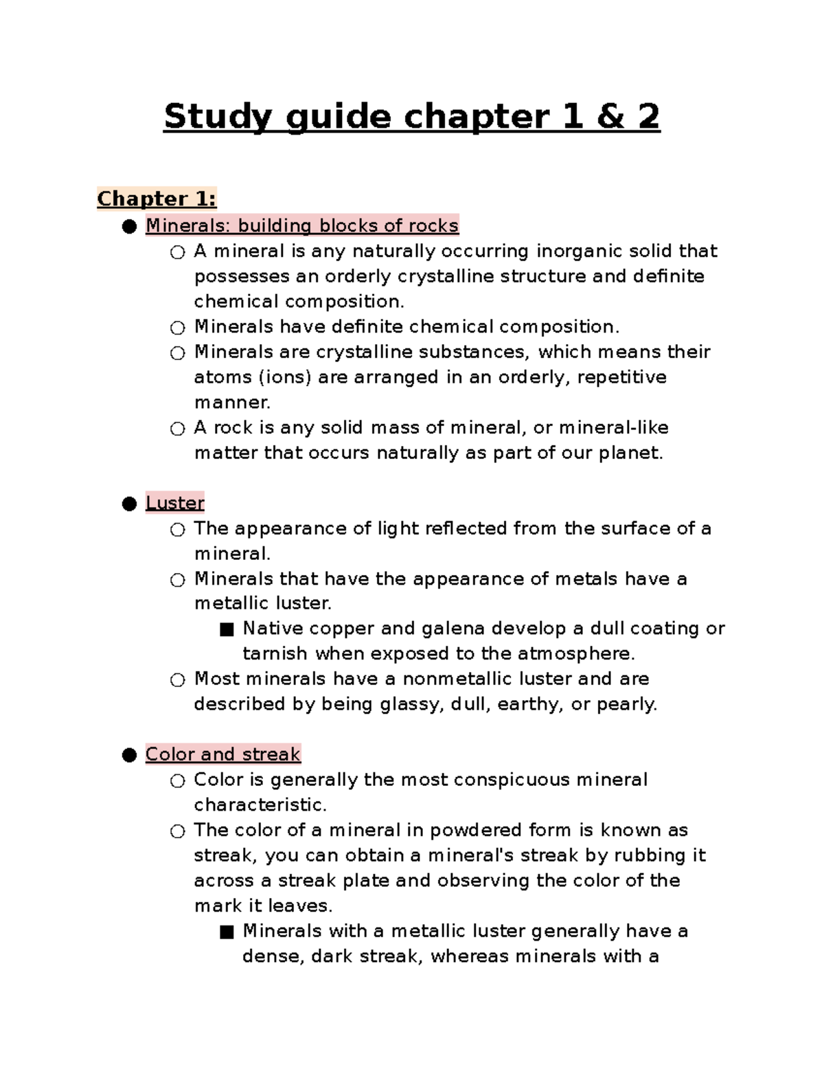 Chapter 1 and 2 - Study guide chapter 1 & 2 Chapter 1: Minerals ...