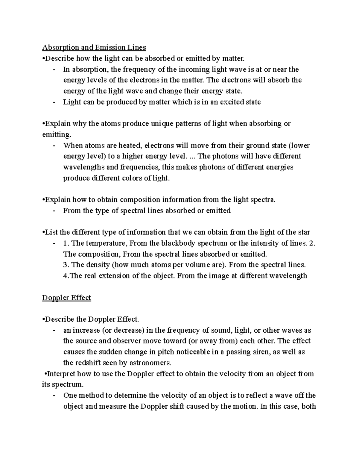 Astronomy practice questions - Absorption and Emission Lines •Describe ...