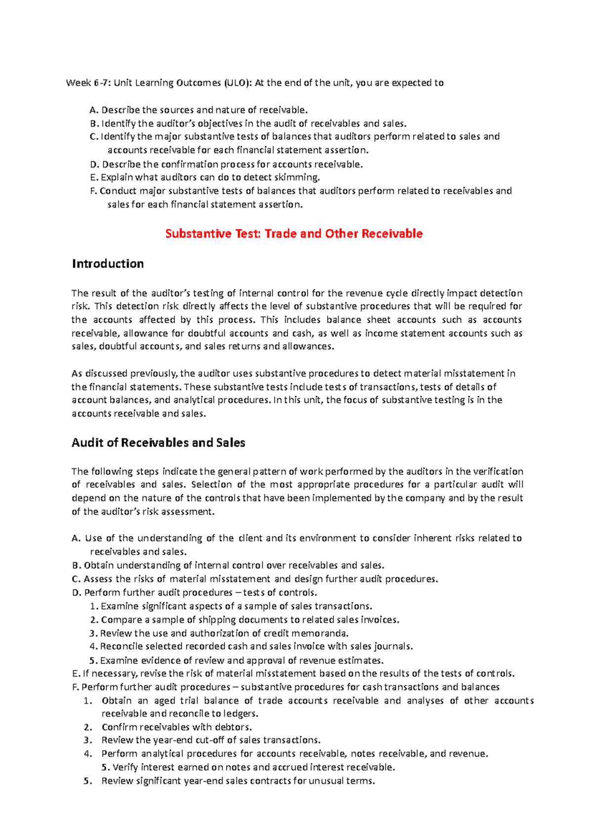 AUDIT problem SIM - Week 6-7: Unit Learning Outcomes (ULO): At the end ...