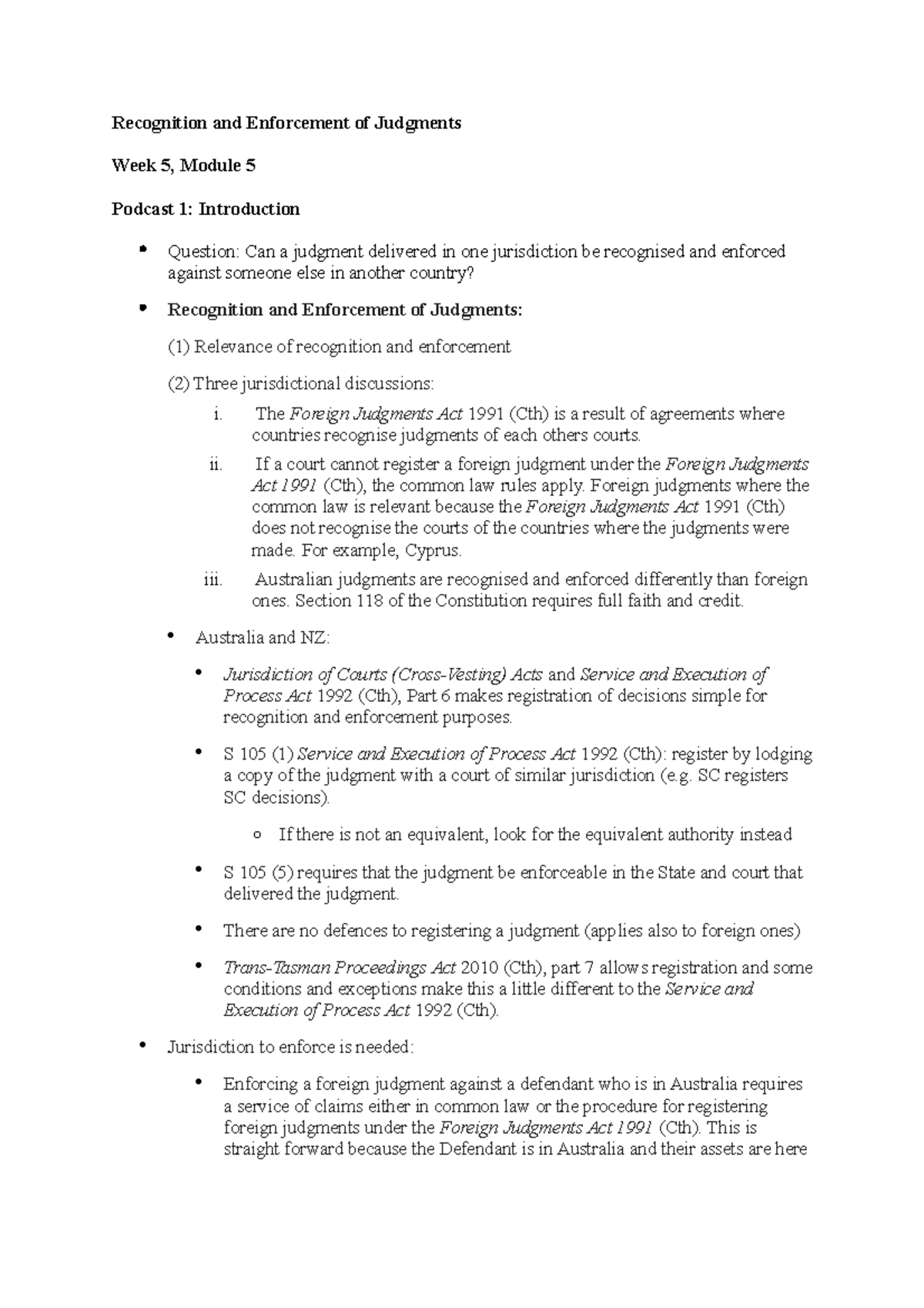 WEEK 5 - Lecture and tutorial notes - Recognition and Enforcement of ...